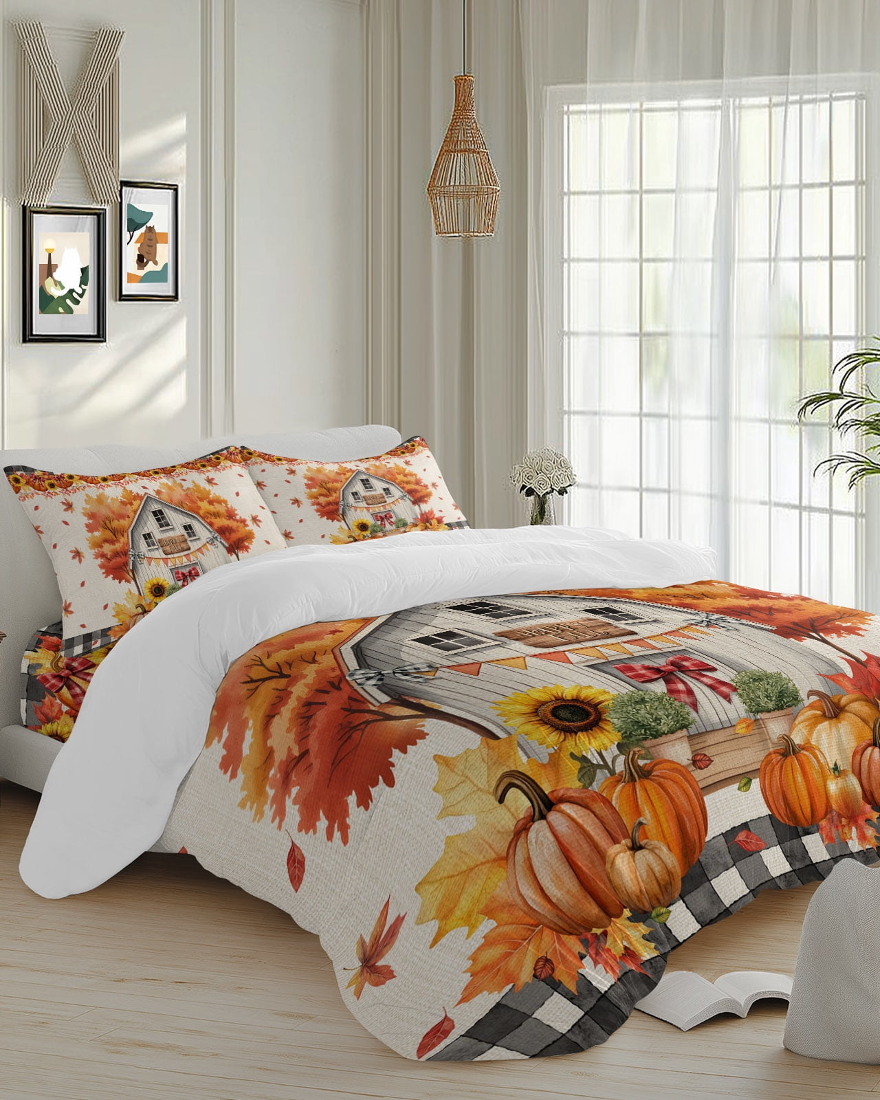 4 Piece Duvet Cover Set Cal king, Fall Rustic Pumpkin Leaf Soft ...