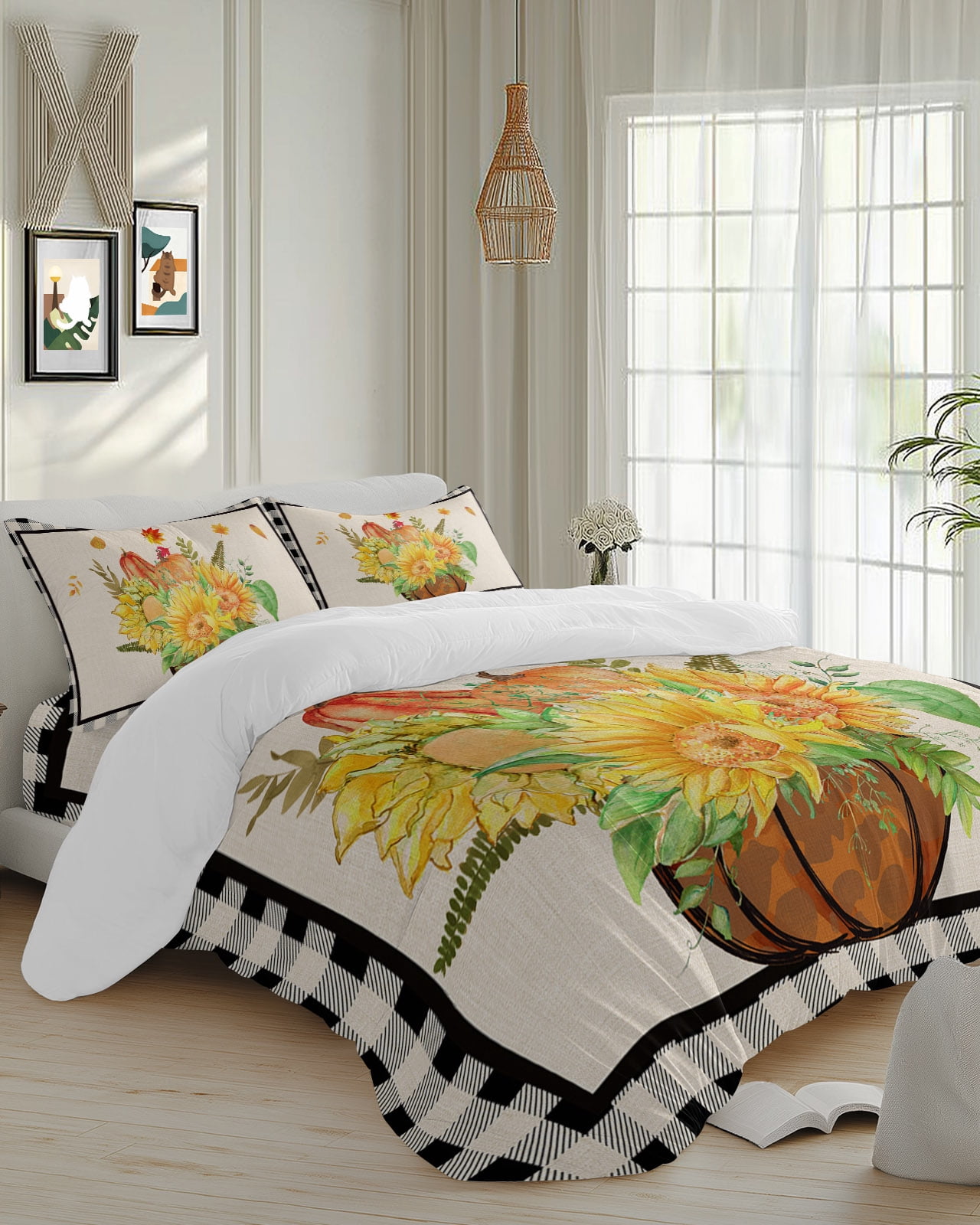 4 Piece Duvet Cover Set Cal king, Fall Sunflower Maple Leaf Pumpkin ...
