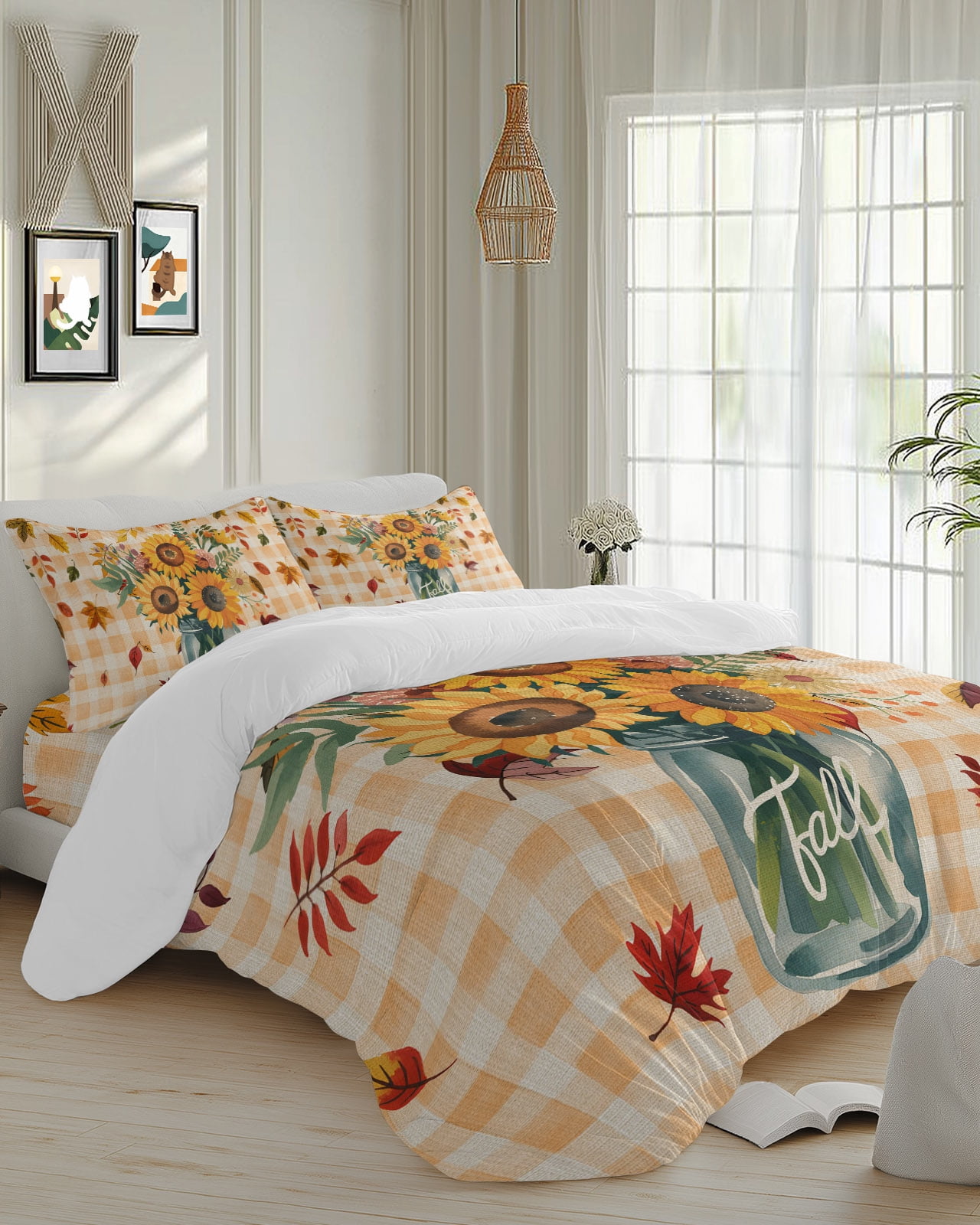 4 Piece Duvet Cover Set Cal king, Fall Sunflower Plant on Vase Soft ...