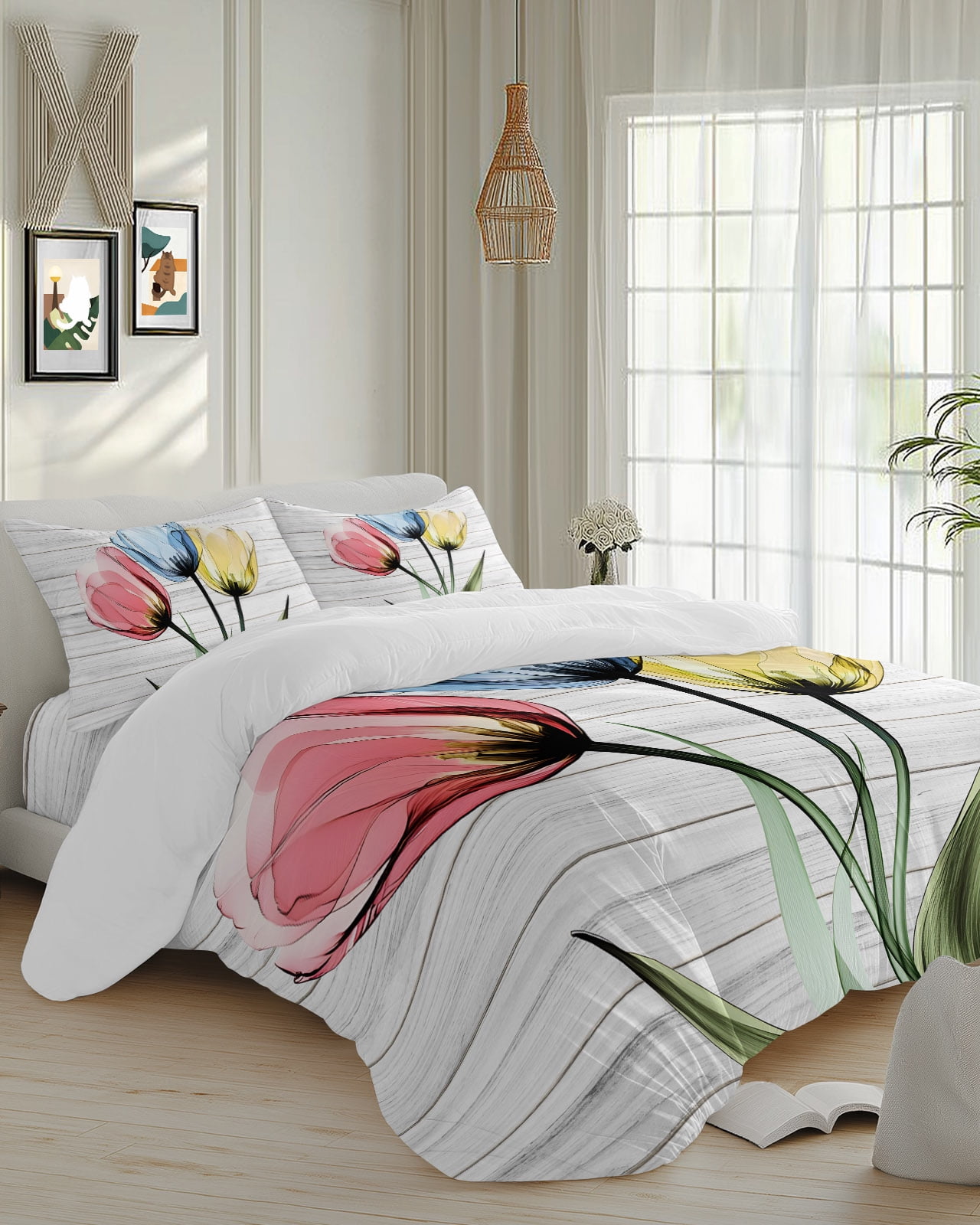 4 Piece Duvet Cover Set Cal king, Farm Colorful Tulips on Wood Grain ...