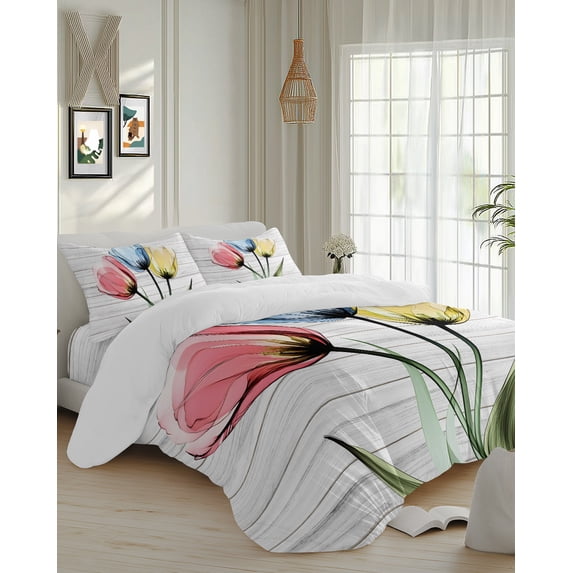 4 Piece Duvet Cover Set Cal king, Farm Colorful Tulips on Wood Grain ...