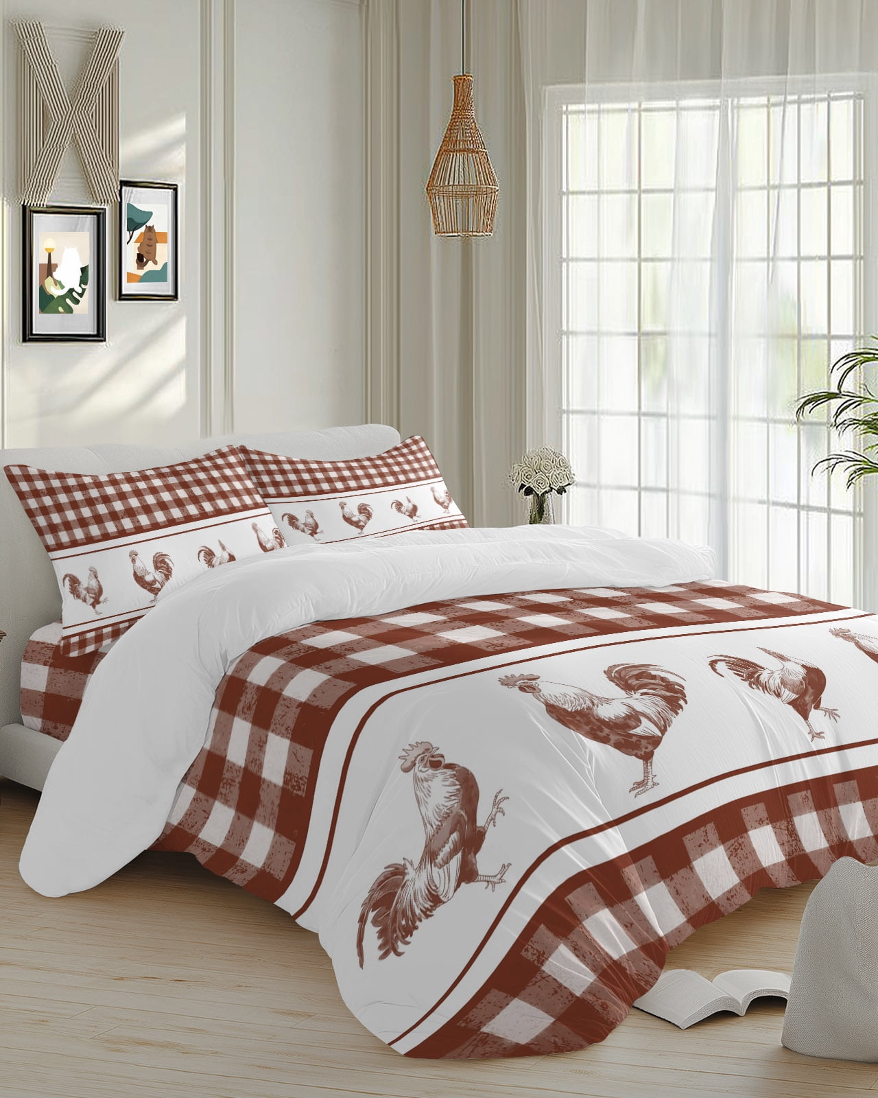 4 Piece Duvet Cover Set Cal king, Farmhouse Chicken Buffalo Plaid Soft ...