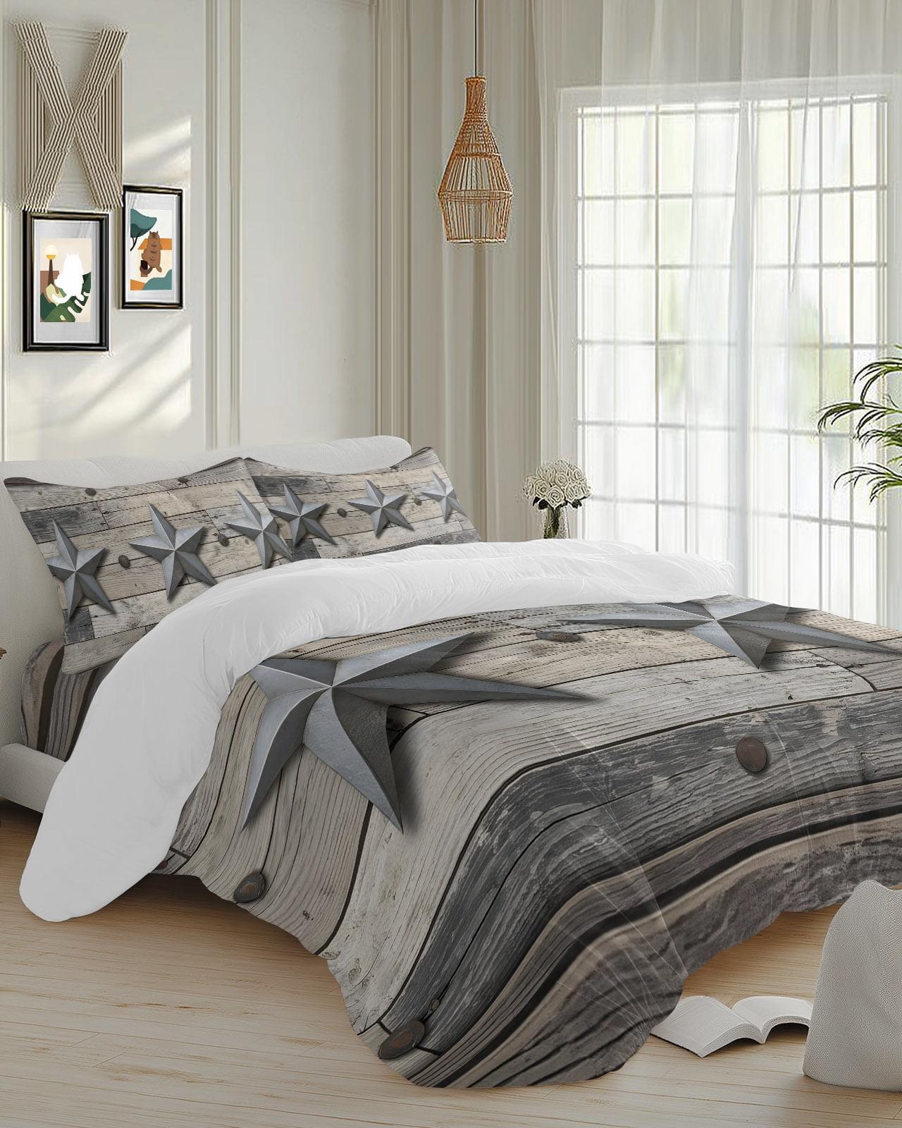 4 Piece Duvet Cover Set Cal king, Farmhouse Country Gray Stars Soft ...