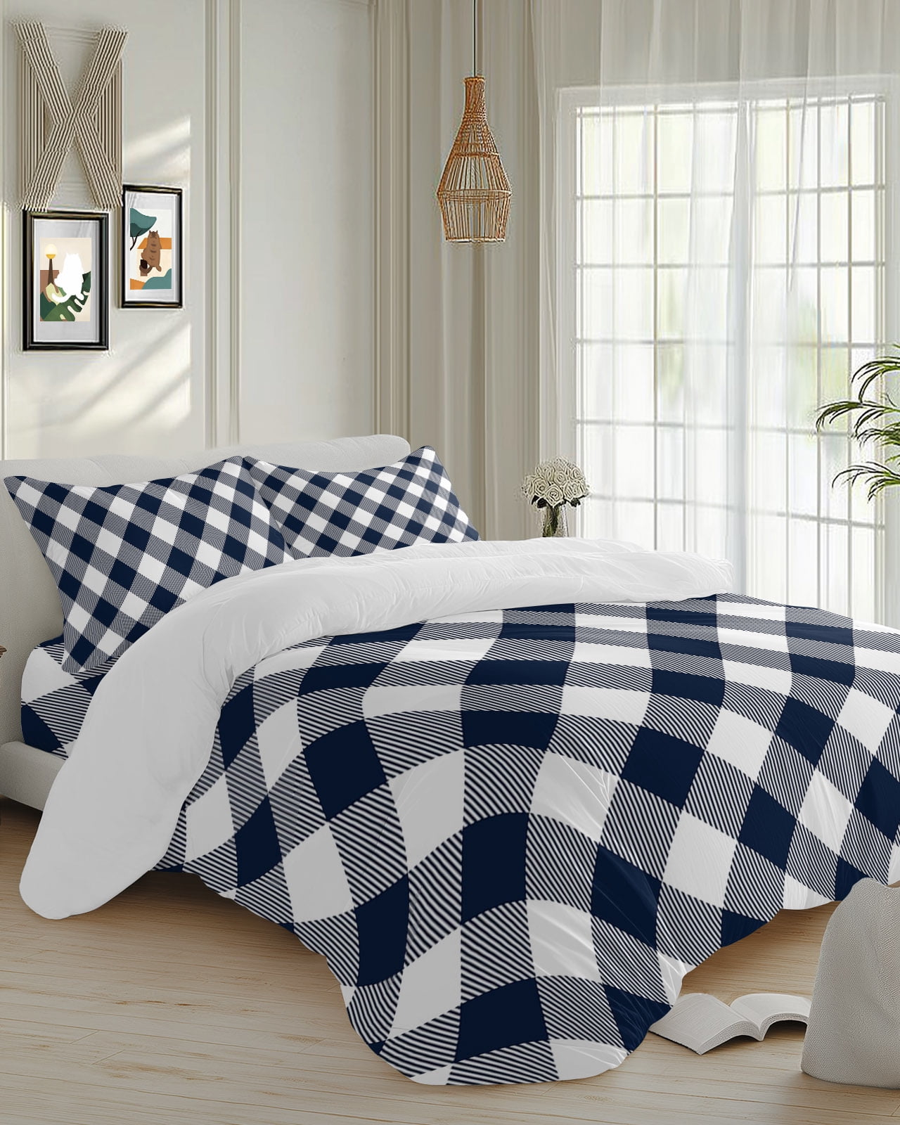4 Piece Duvet Cover Set Cal king, Farmhouse Dark Blue Checker Soft ...