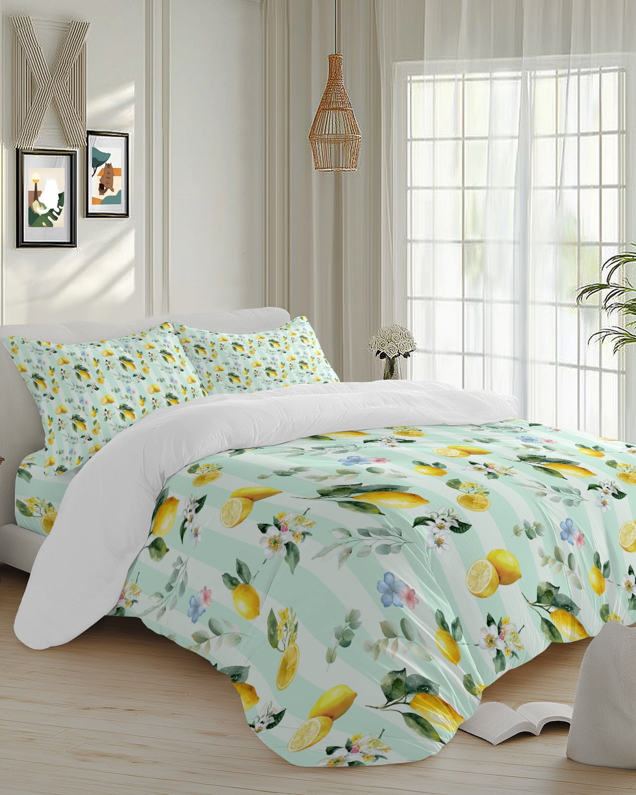 4 Piece Duvet Cover Set Cal king, Farmhouse Lemon Flower Leaf Soft ...