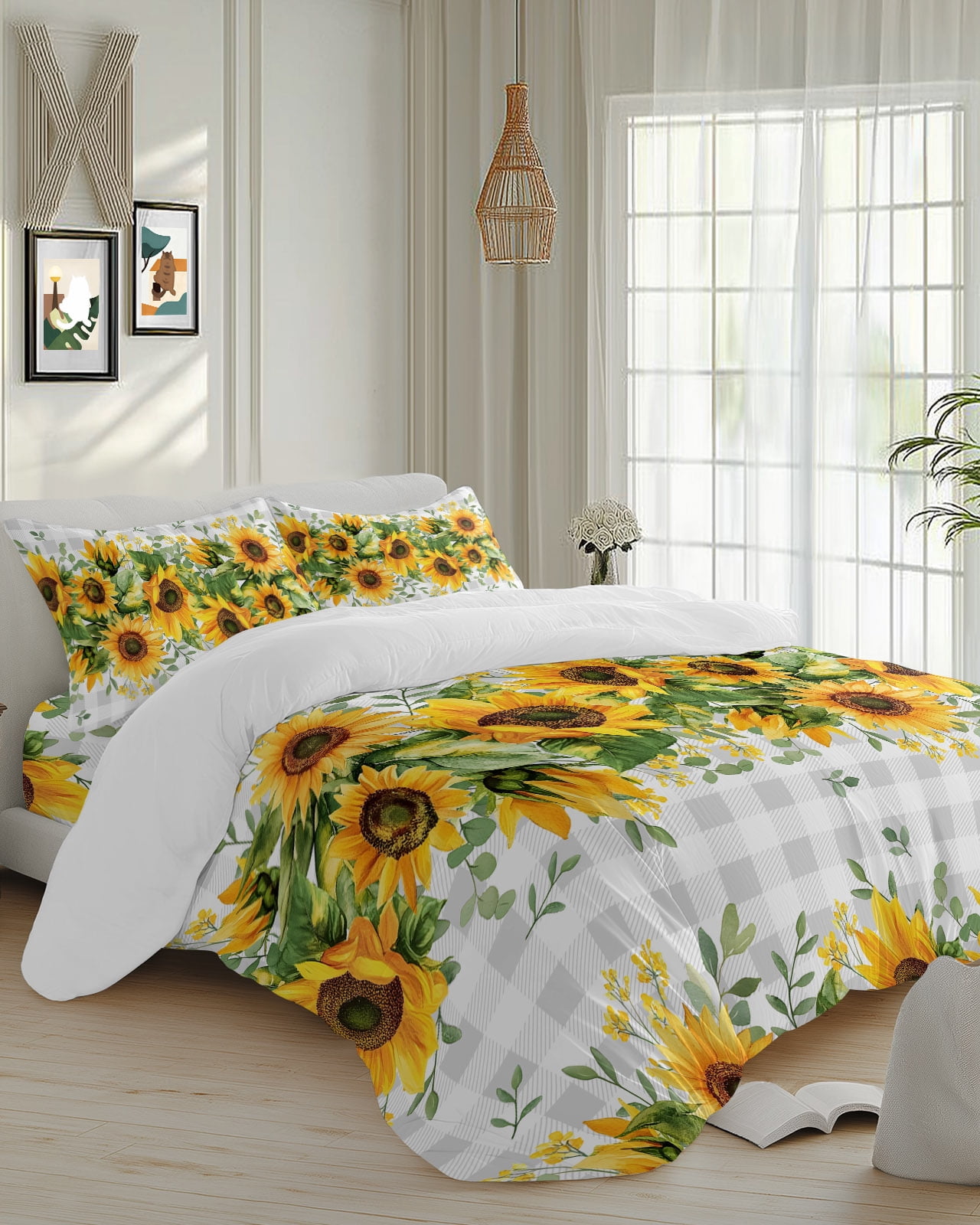 4 Piece Duvet Cover Set Cal king, Farmhouse Sunflower Leaves on Vintage ...