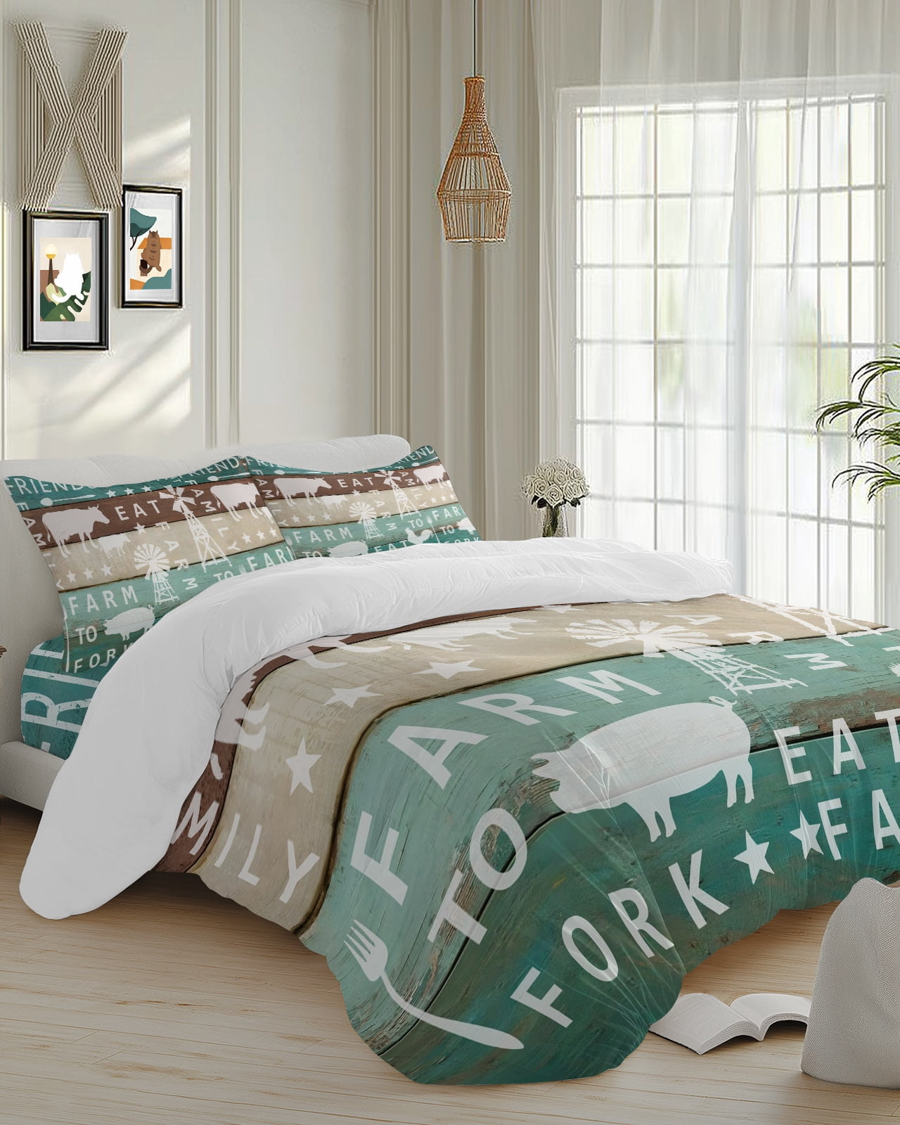 4 Piece Duvet Cover Set Cal king, Farmhouse Theme on Retro Wood Soft ...