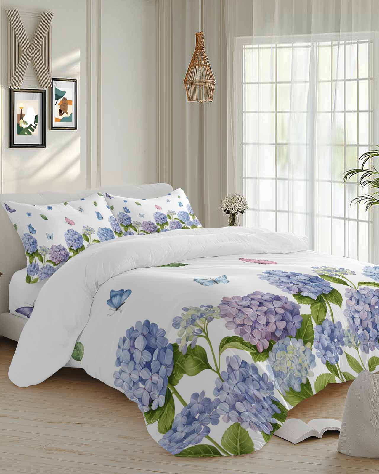 4 Piece Duvet Cover Set Cal king, Floral Hydrangea Green Leaf Soft ...