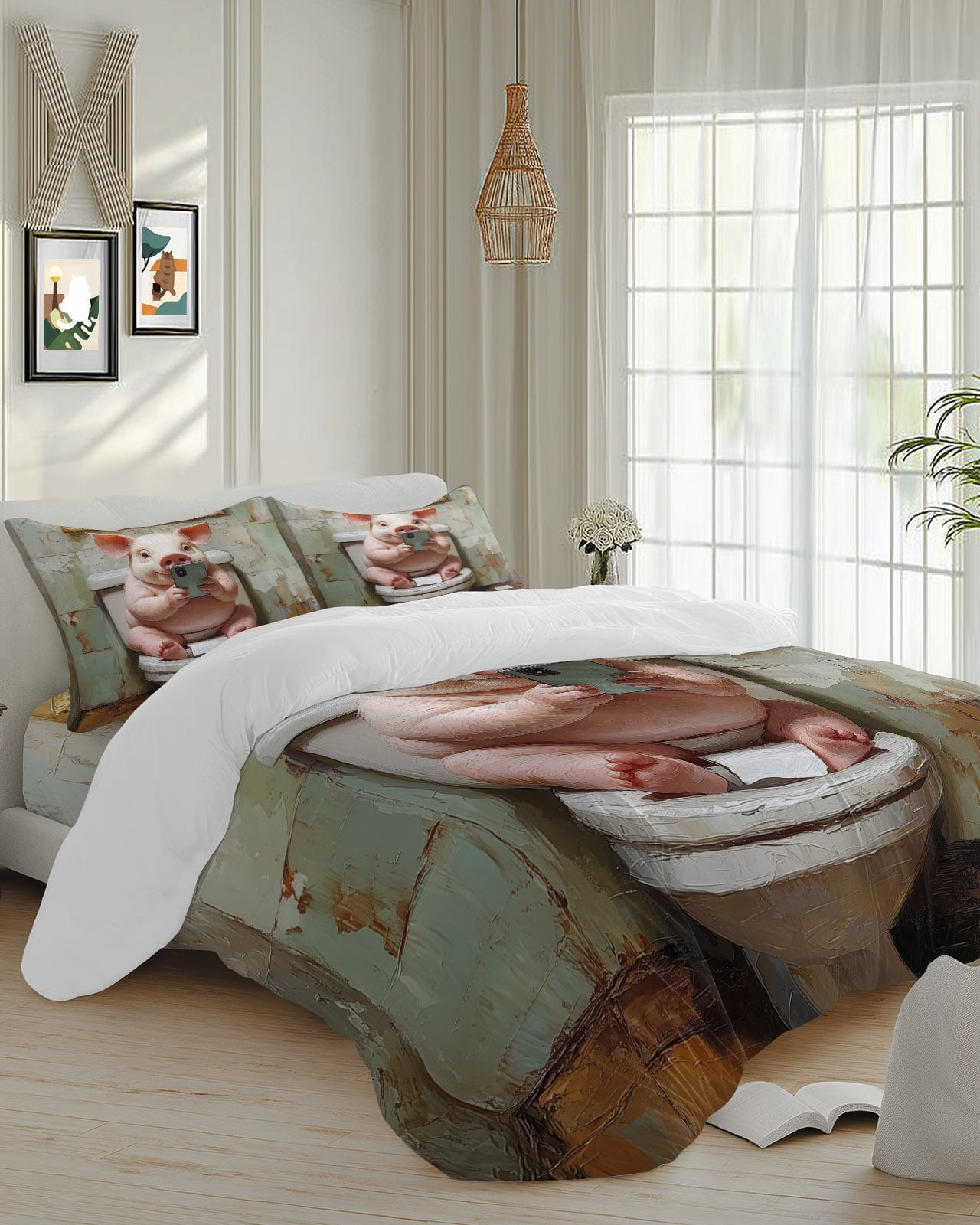 4 Piece Duvet Cover Set Cal king, Funny Pig Sitting on Toilet Bathroom ...