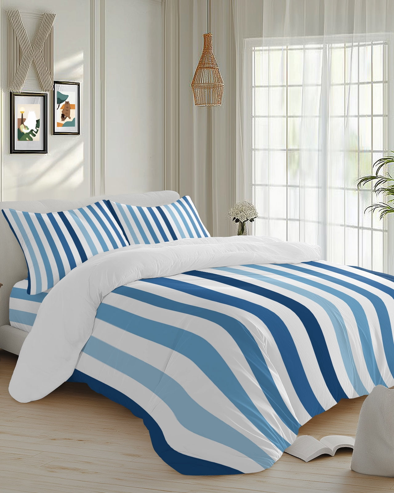 4 Piece Duvet Cover Set Cal king, Gradient Blue Stripes Country Soft ...