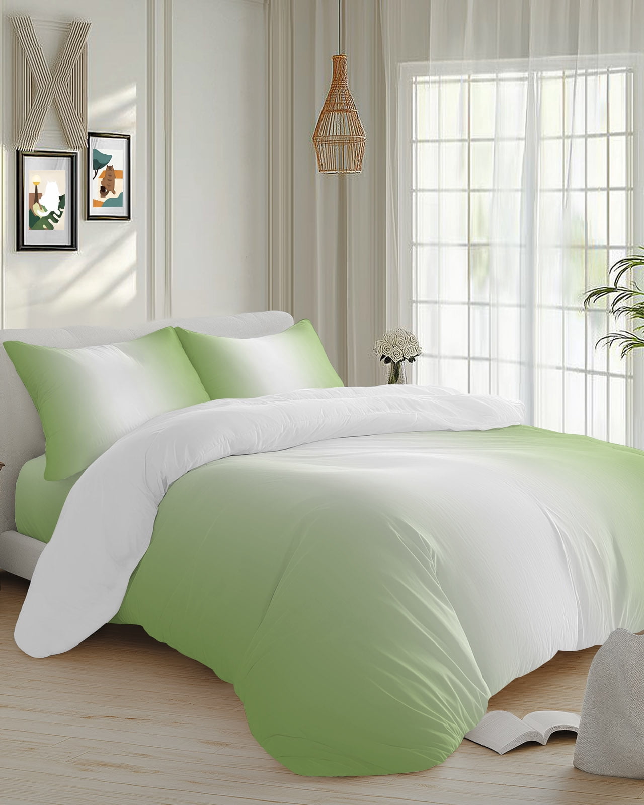 4 Piece Duvet Cover Set Cal king, Gradient Green and White Art Soft ...