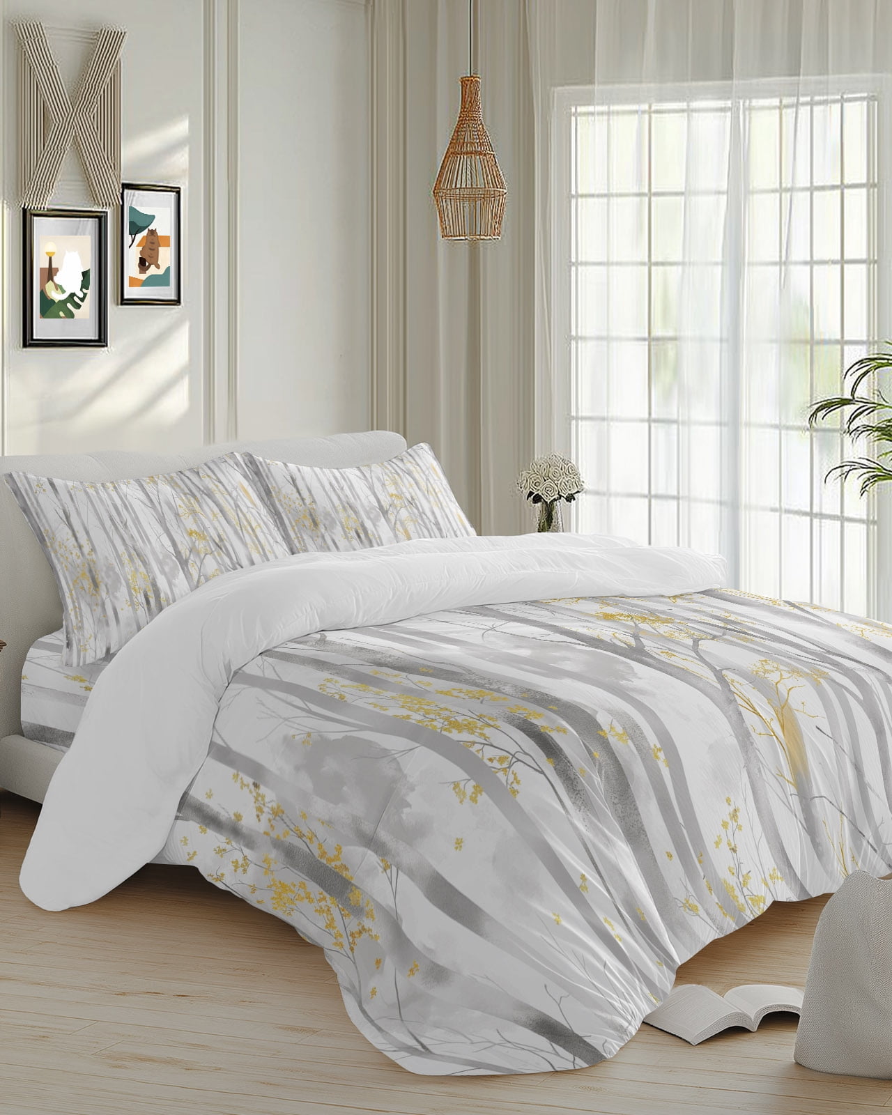 4 Piece Duvet Cover Set Cal king, Gray Branches Golden Leaves Gradient ...