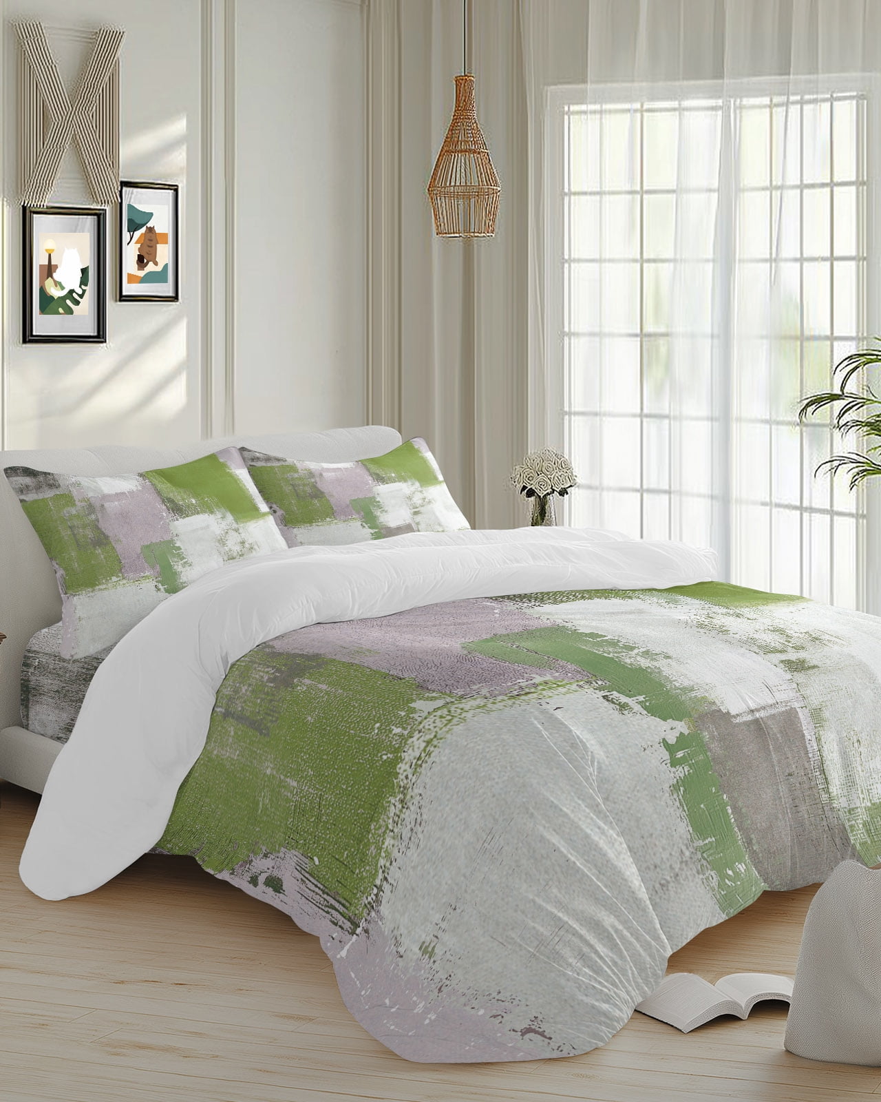 4 Piece Duvet Cover Set Cal king, Green Color Block Gray Gradient Soft ...