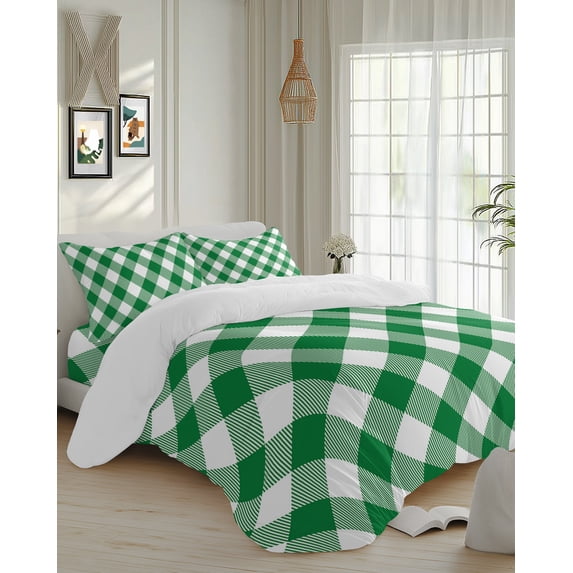 4 Piece Duvet Cover Set Cal king, Green and White Grid Soft Breathable ...