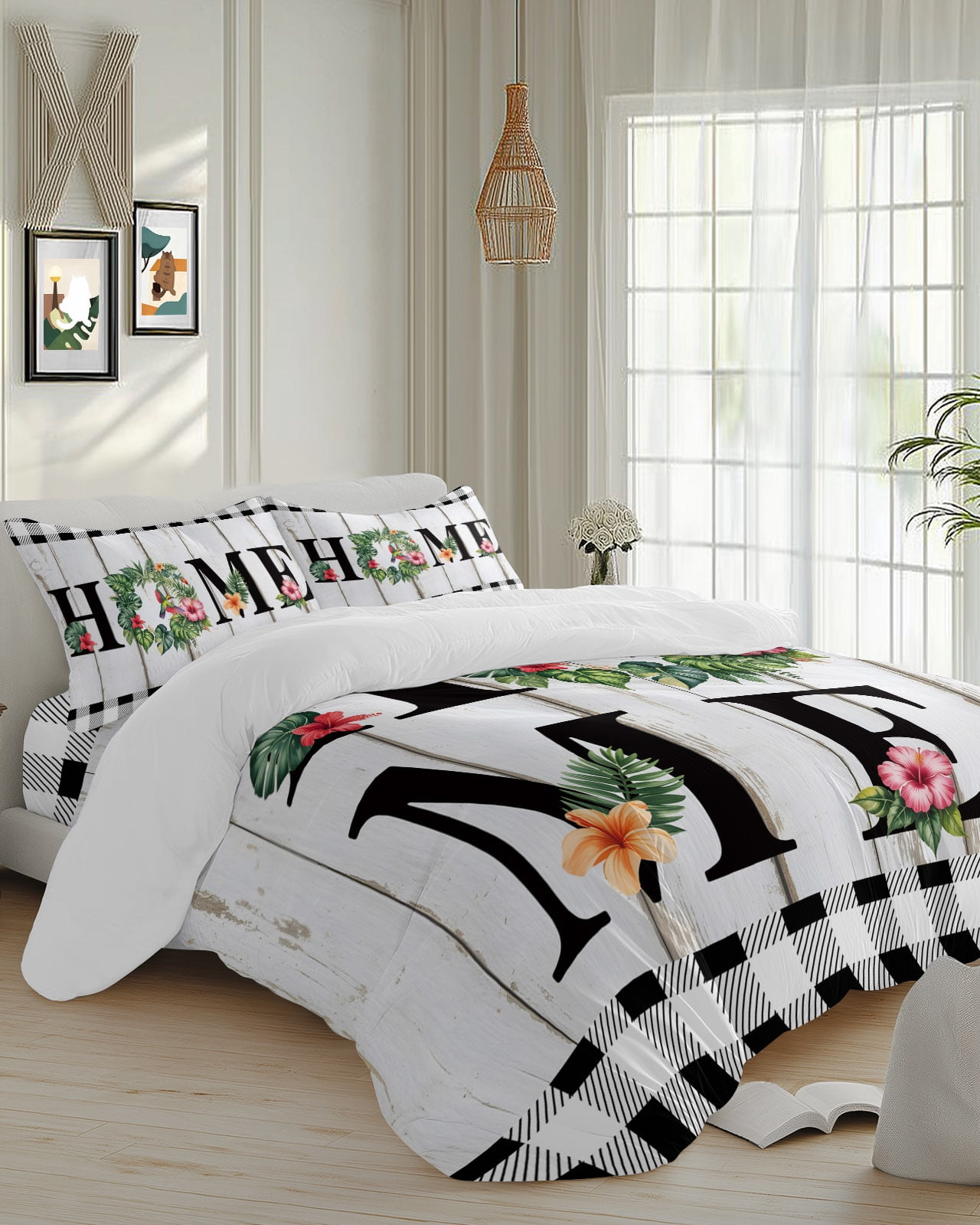 4 Piece Duvet Cover Set Cal king, Home Words Flowers Humpbirds Soft ...
