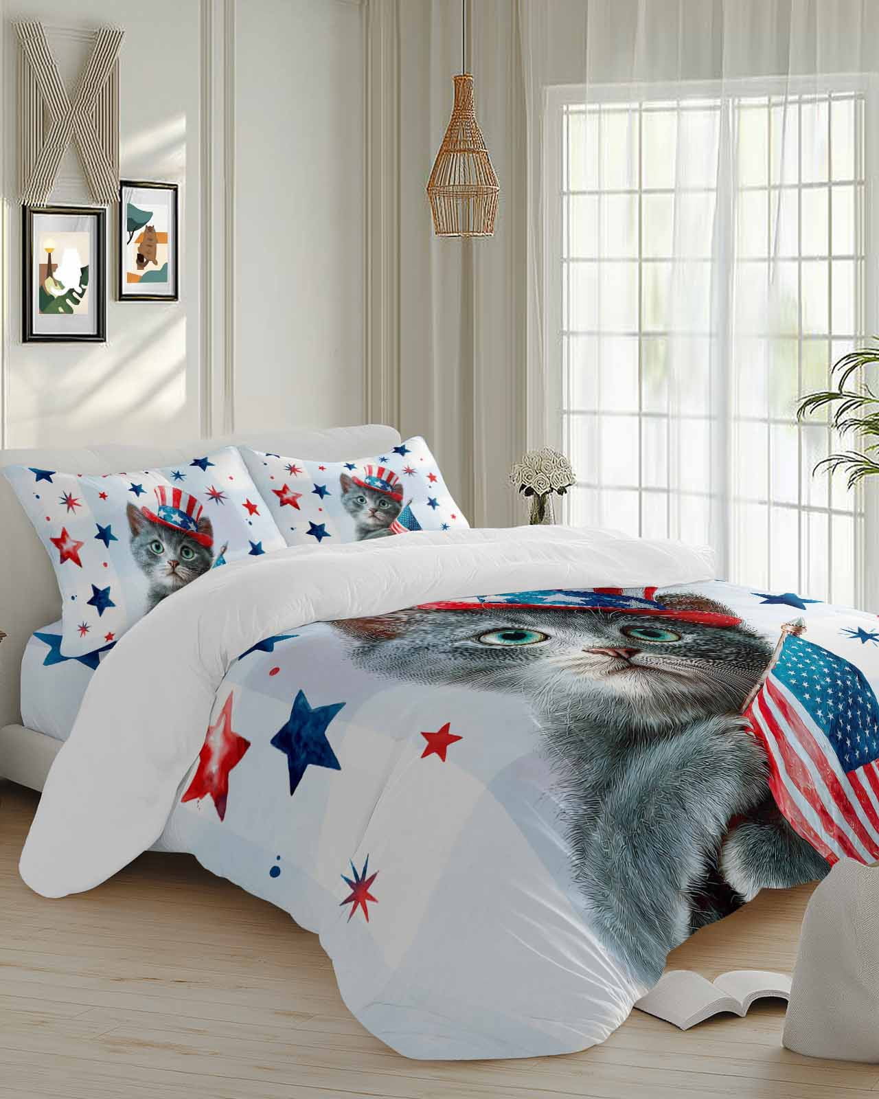 4 Piece Duvet Cover Set Cal king, Independence Day Cute Kitty Soft ...