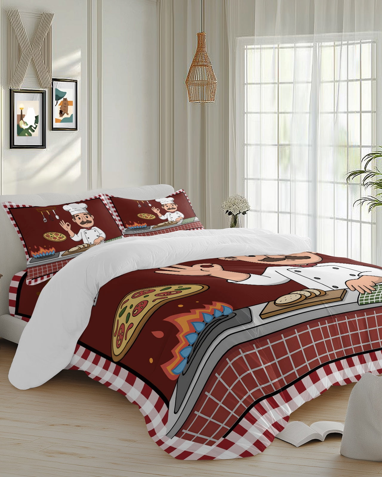 4 Piece Duvet Cover Set Cal king, Kitchen Cute Chef Cook Burgundy Red ...