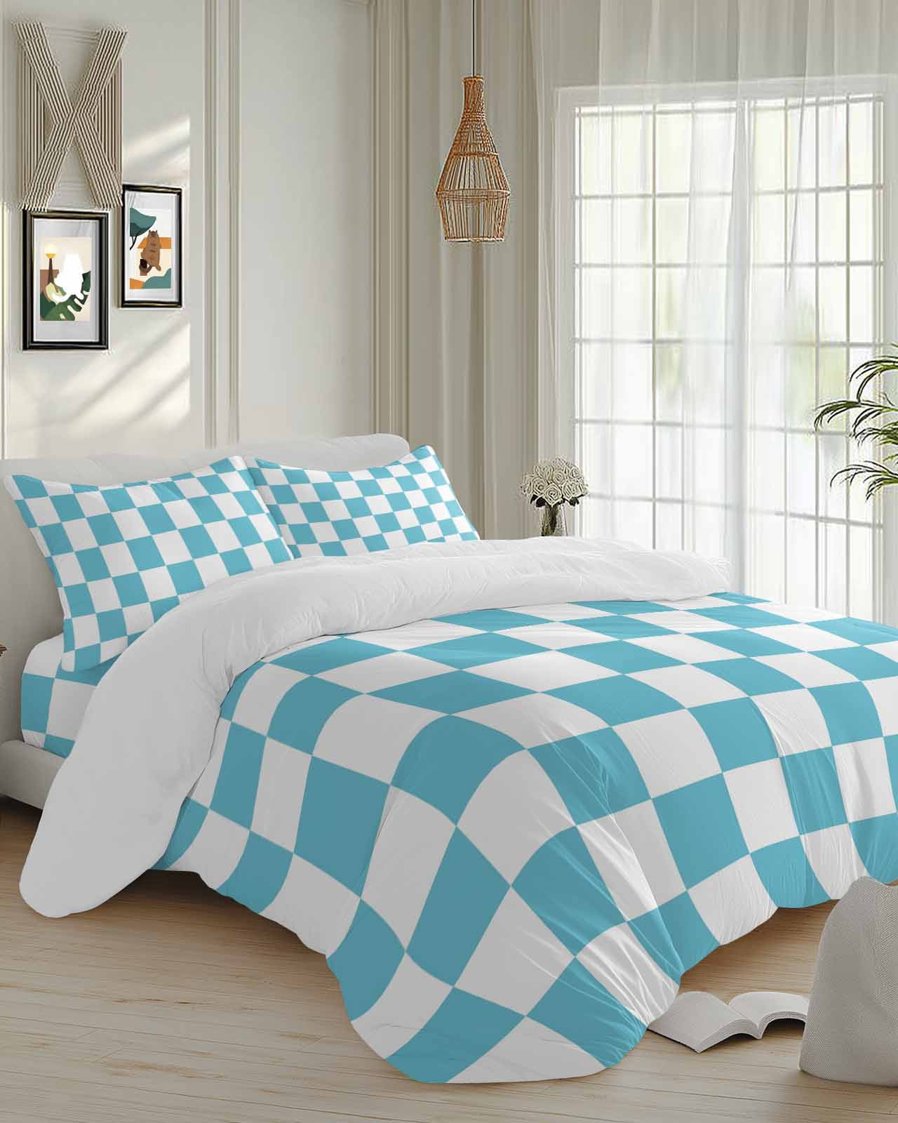 4 Piece Duvet Cover Set Cal king, Light Blue and White Checkered Soft ...