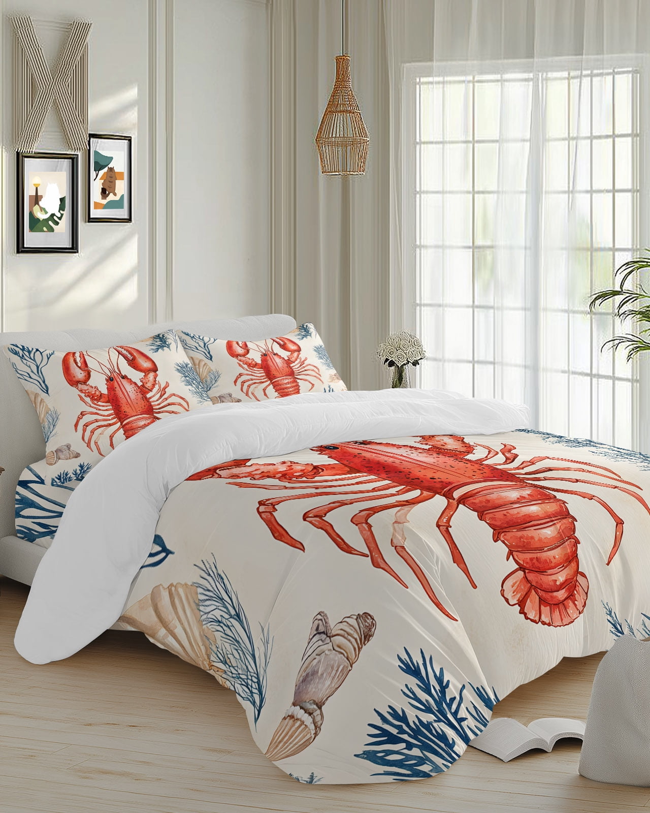 4 Piece Duvet Cover Set Cal king, Lobsters Ocean Coral Shell Soft ...