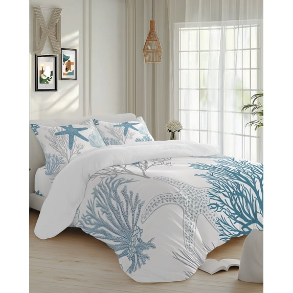 4 Piece Duvet Cover Set Cal king, Marine Coral Starfish Ocean Shell ...