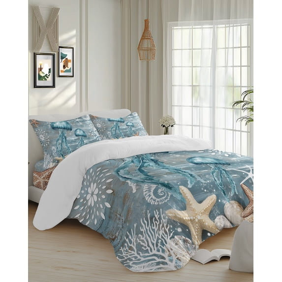 4 Piece Duvet Cover Set Cal king, Marine Jellyfish Starfish Coral Soft ...
