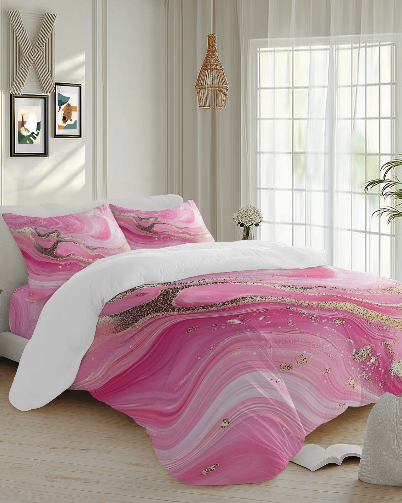 4 Piece Duvet Cover Set Cal king, Minimalist Style Modern Pink Waves ...