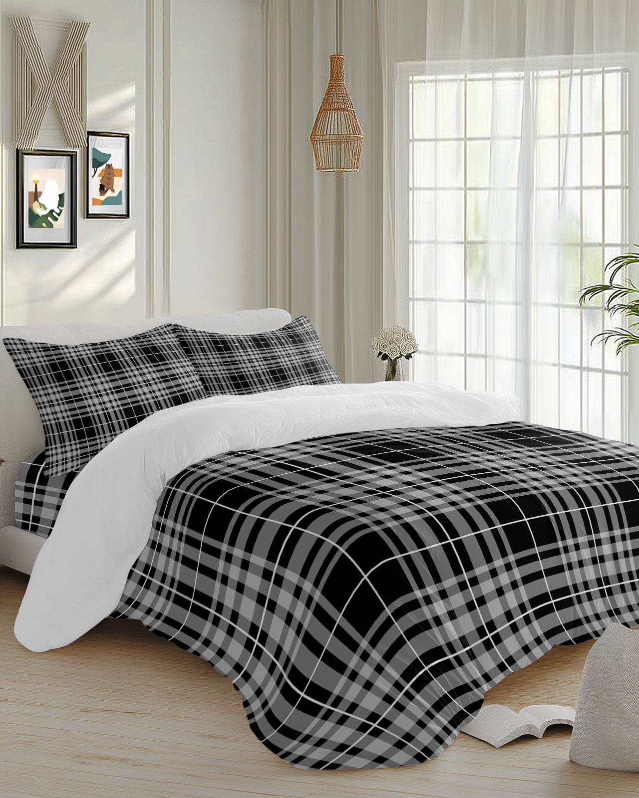 4 Piece Duvet Cover Set Cal king, Modern Black Gray Buffalo Plaid Soft ...