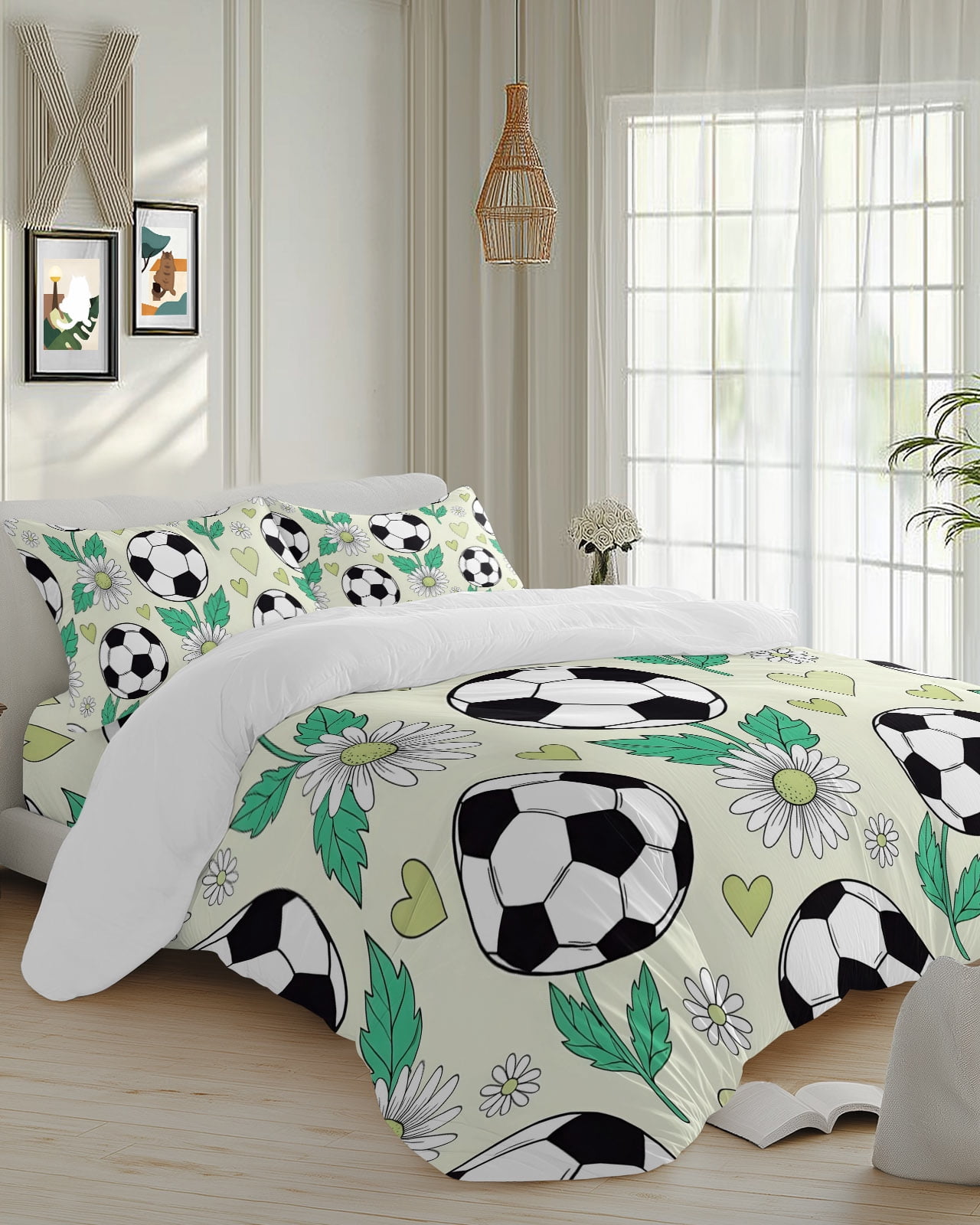 4 Piece Duvet Cover Set Cal king, Modern Black White Football Soft ...