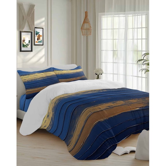 4 Piece Duvet Cover Set Cal king, Modern Navy Blue Yellow Line Soft ...