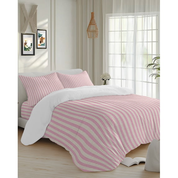 4 Piece Duvet Cover Set Cal king, Modern Pink Stripe Linen Texture Soft ...