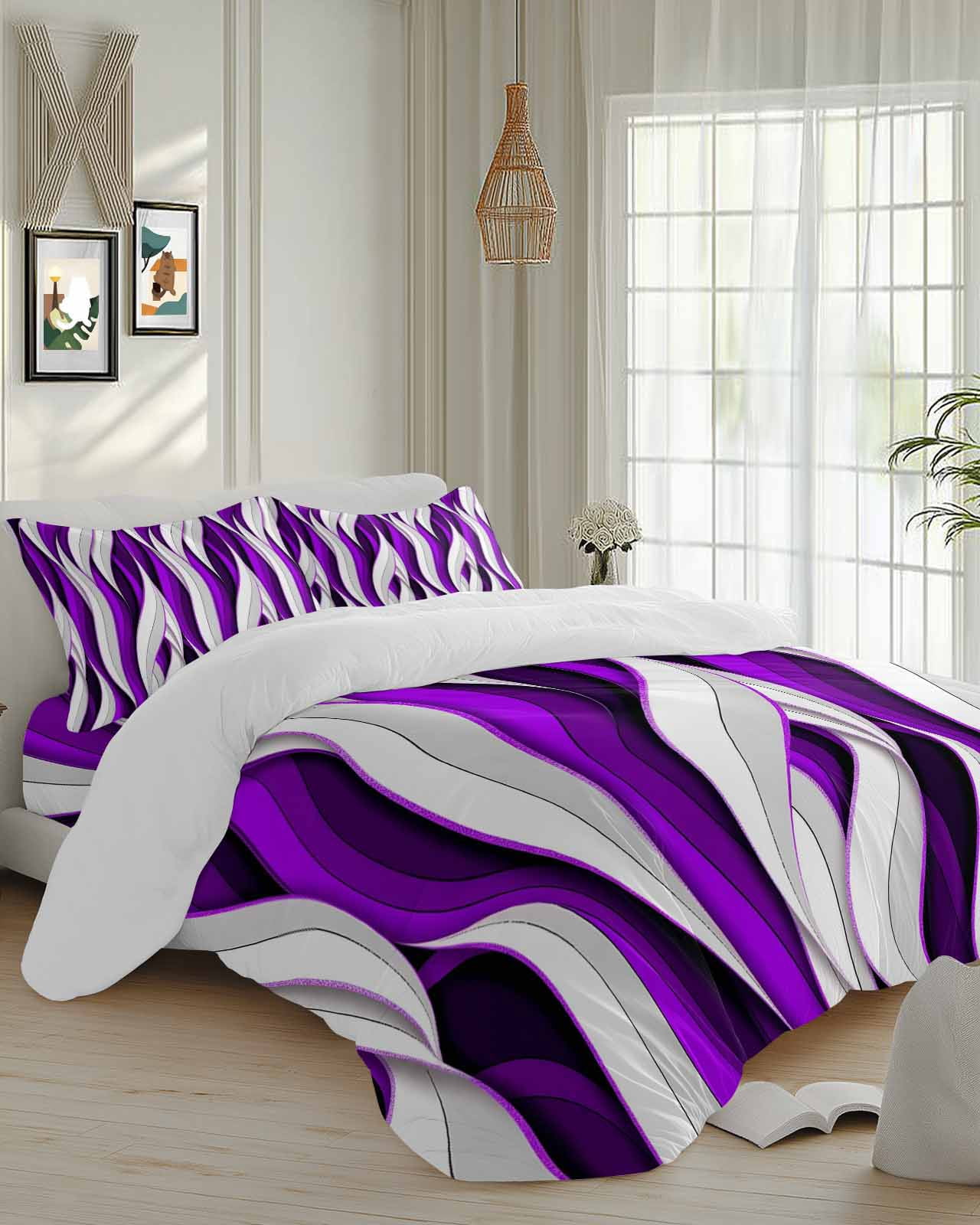 4 Piece Duvet Cover Set Cal king, Modern Purple White Ombre Line Soft ...