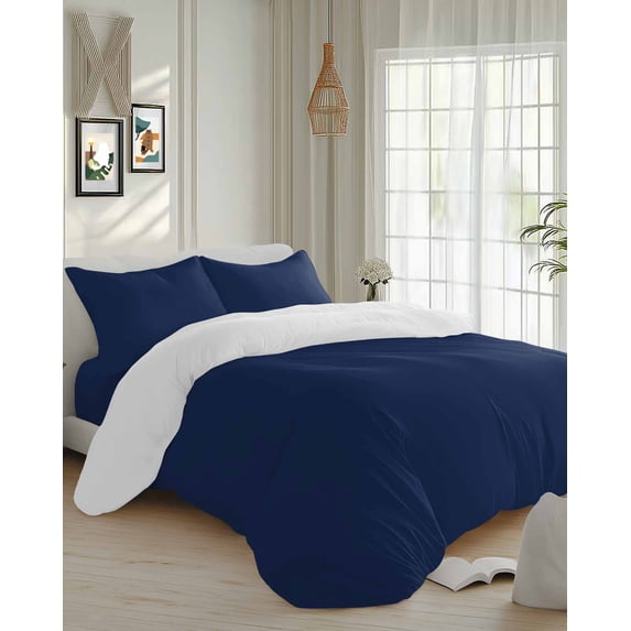 4 Piece Duvet Cover Set Cal king, Modern Solid Color Navy Blue Soft ...
