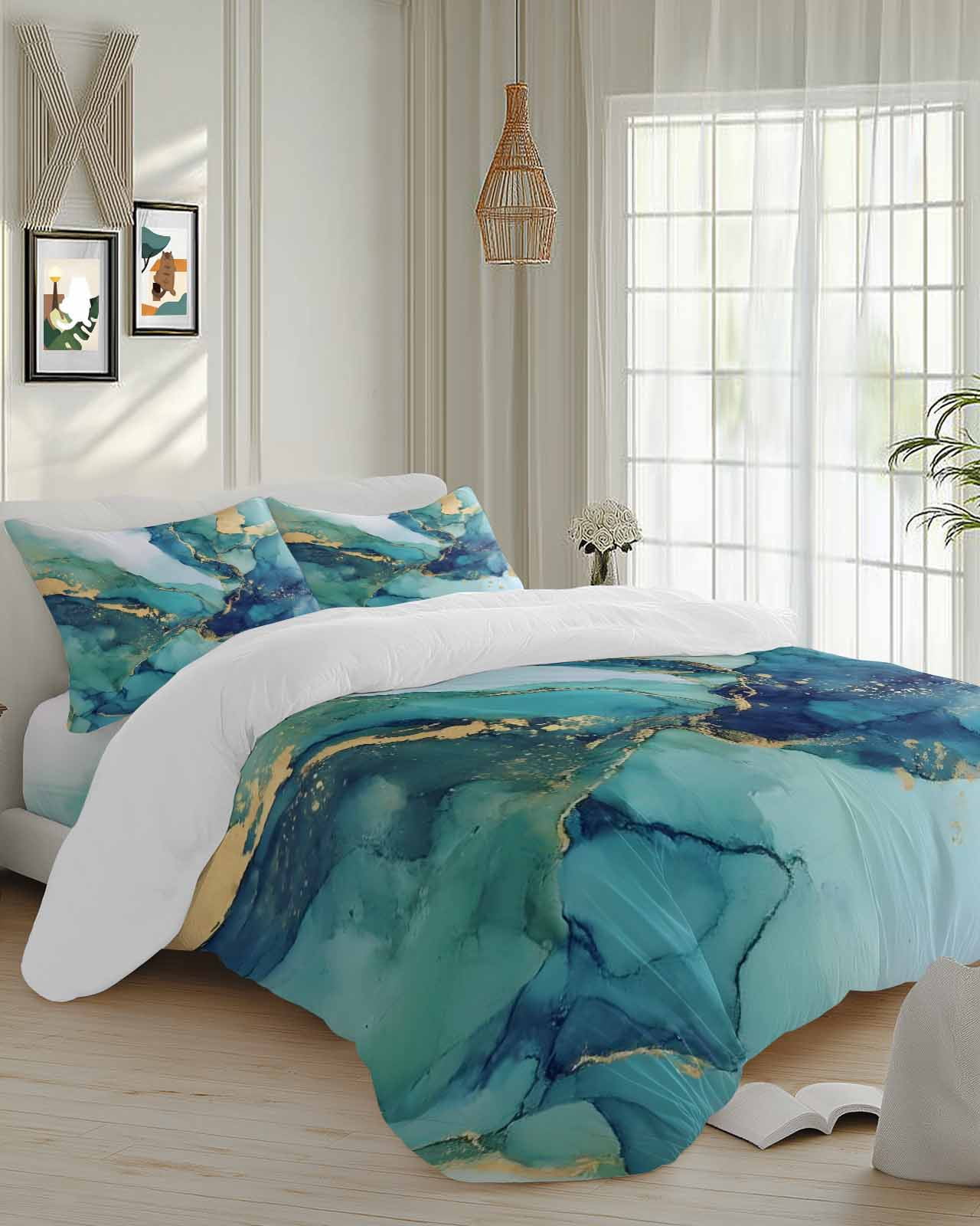 4 Piece Duvet Cover Set Cal king, Modern Turquoise Marble Stone Soft ...