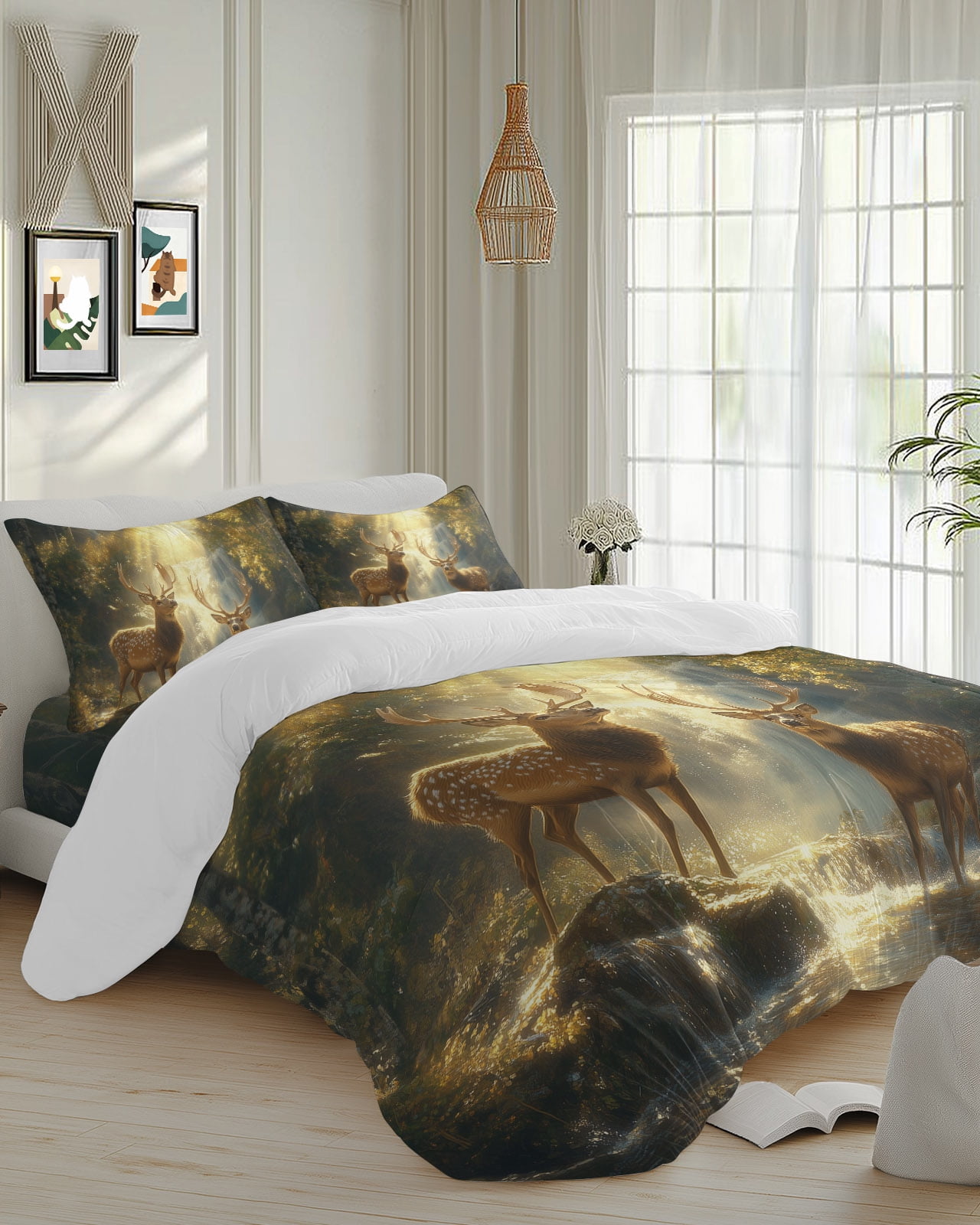 4 Piece Duvet Cover Set Cal king, Natural Forest Farm Deer Sunlight ...