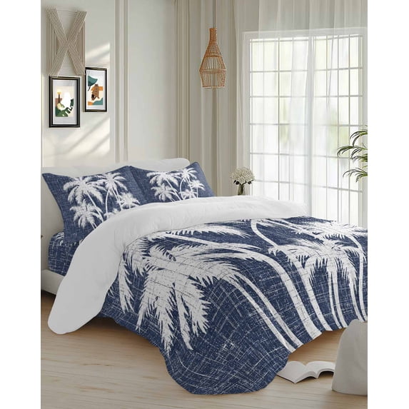 4 Piece Duvet Cover Set Cal king, Navy Blue Palm Tree Soft Breathable ...