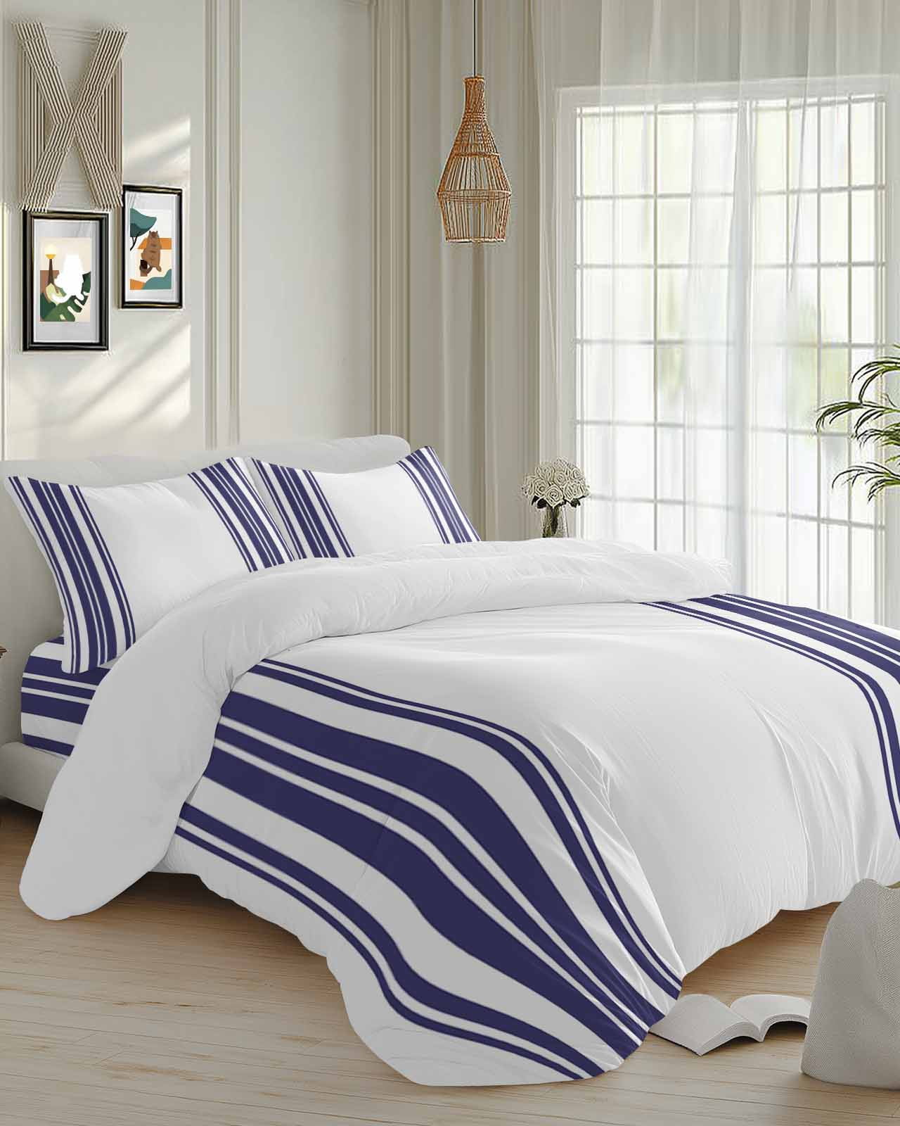 4 Piece Duvet Cover Set Cal king, Navy Blue Vertical Stripes Soft ...
