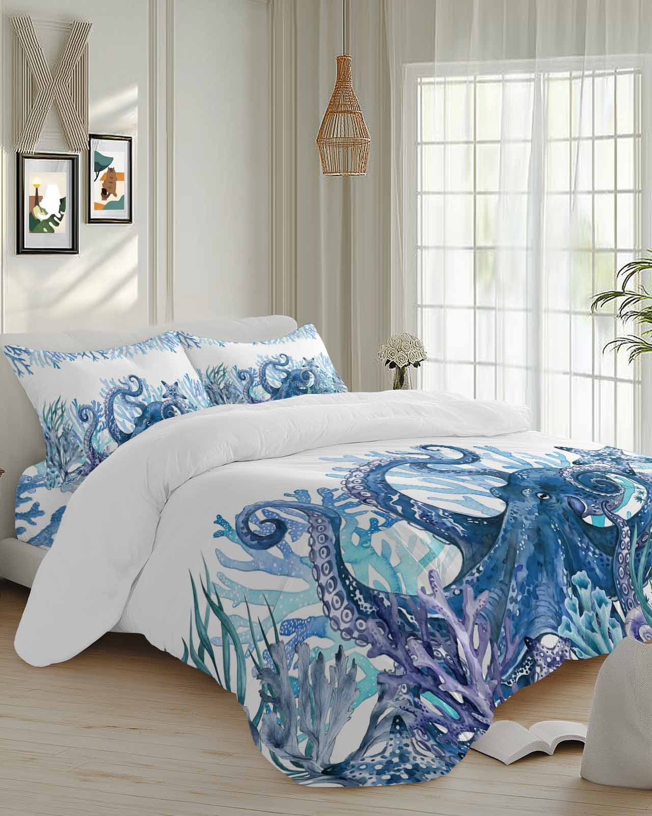 4 Piece Duvet Cover Set Cal king, Ocean Octopus Coral Starfish Soft ...