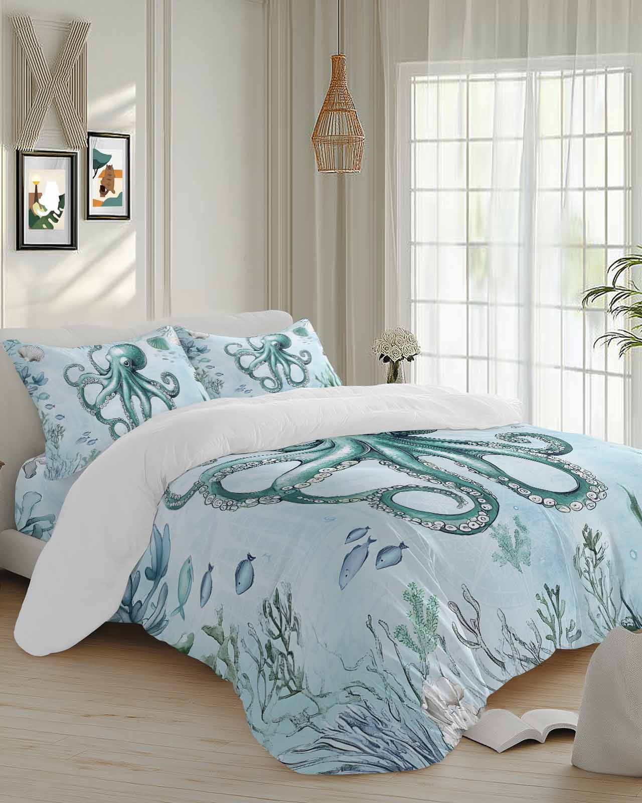4 Piece Duvet Cover Set Cal king, Ocean Octopus Shell Seaweed Soft ...