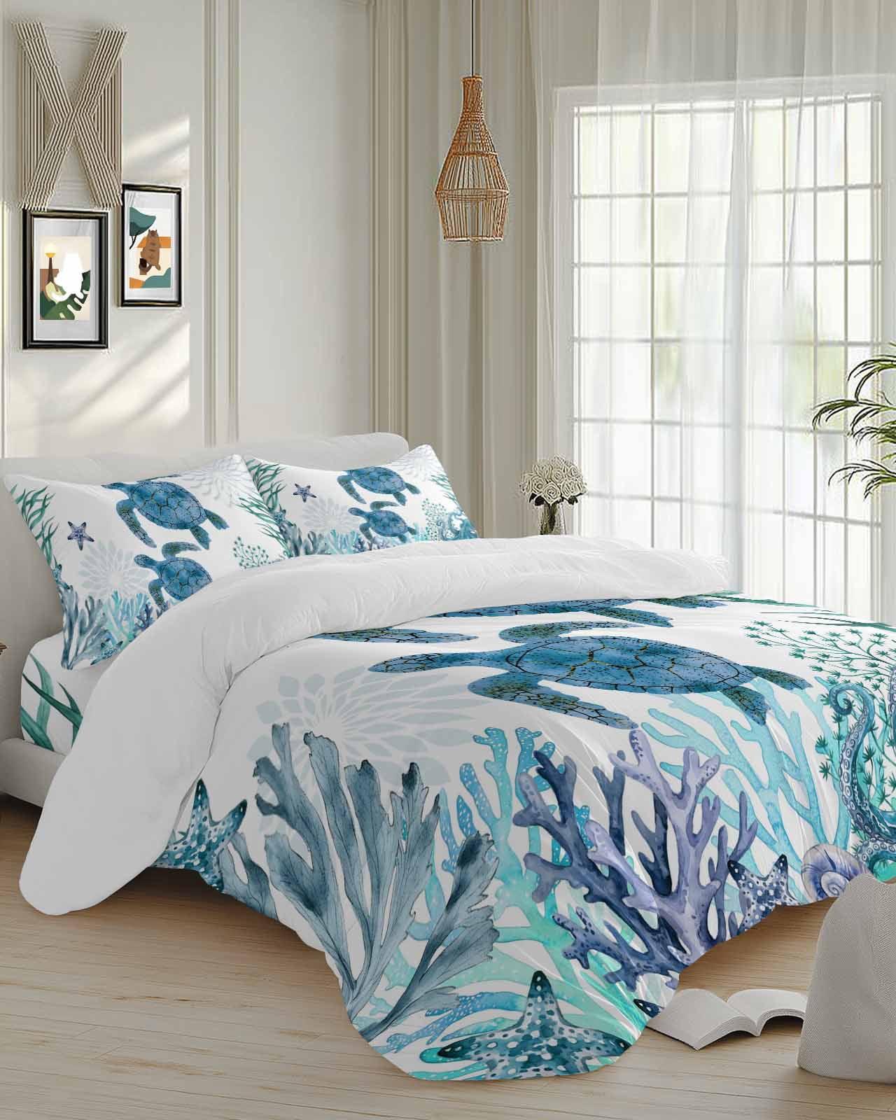4 Piece Duvet Cover Set Cal king, Ocean Turtle Coral Starfish Octopus ...