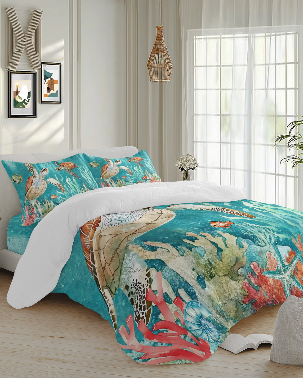 4 Piece Duvet Cover Set Cal king, Ocean Turtle Fish Colorful Coral Soft ...