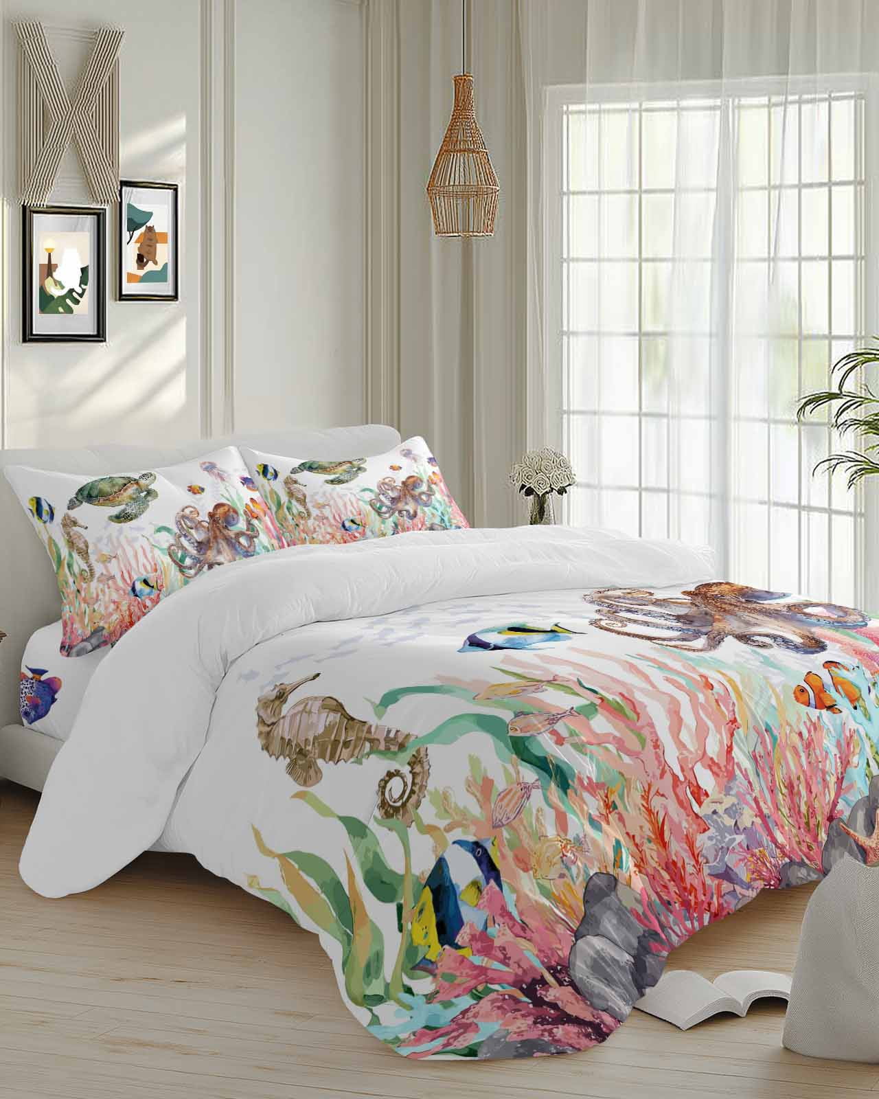4 Piece Duvet Cover Set Cal king, Octopus Turtle Jellyfish Coral Soft ...