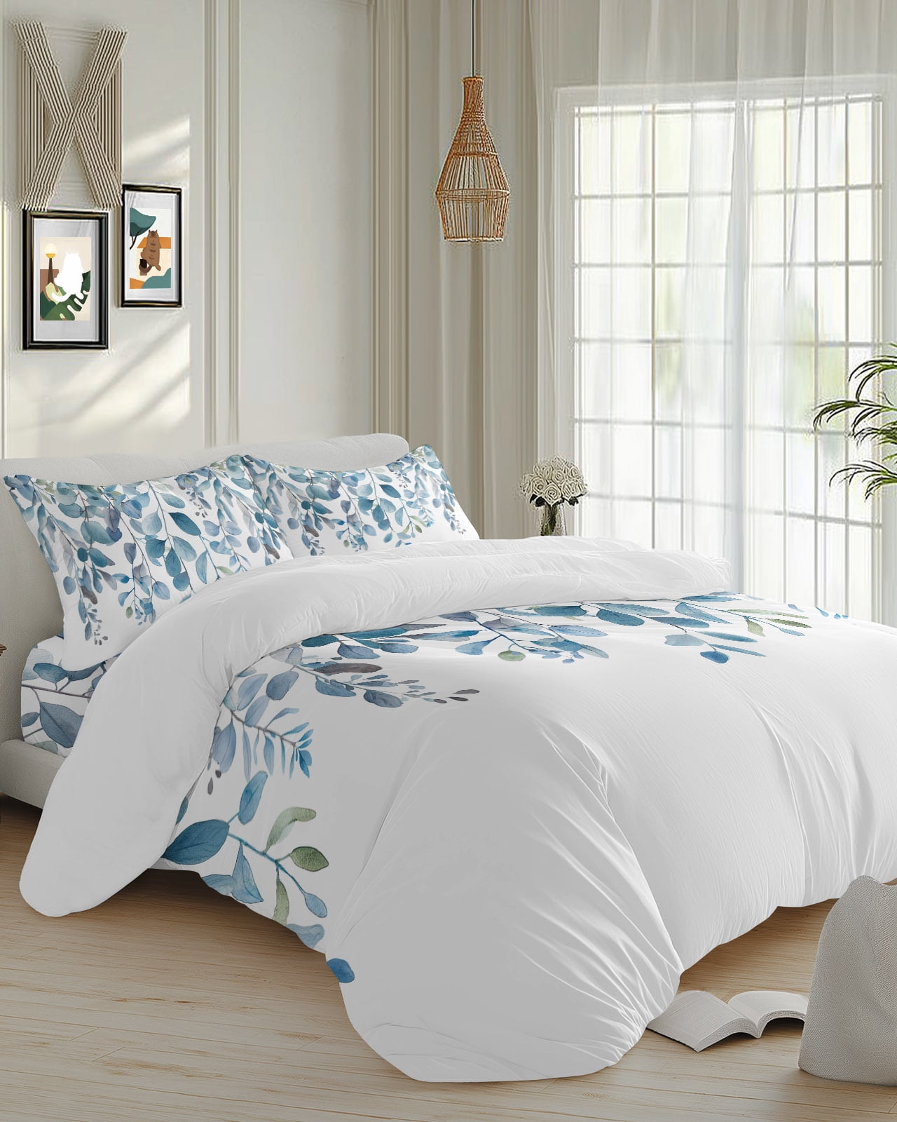 4 Piece Duvet Cover Set Cal king, Pastoral Blue Eucalyptus Leaves Soft ...