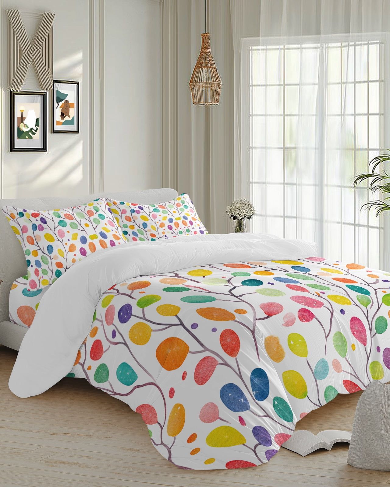 4 Piece Duvet Cover Set Cal king, Pastoral Cartoon Watercolor Leaf Soft ...