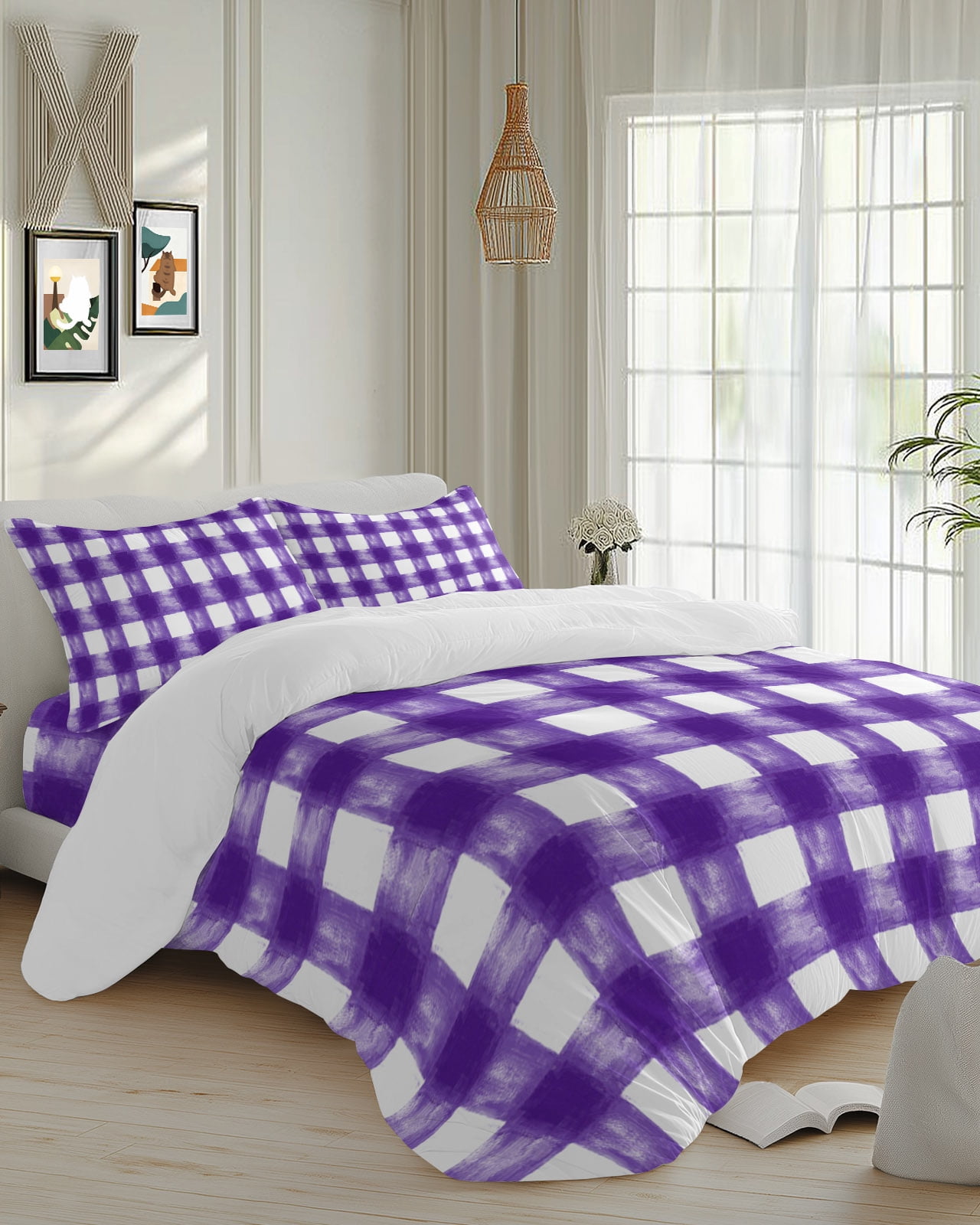 4 Piece Duvet Cover Set Cal king, Pastoral Watercolor Purple White Grid ...