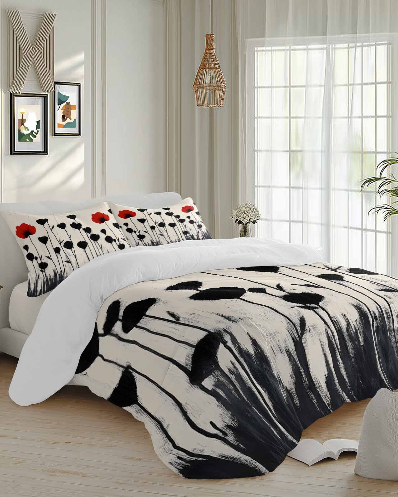 4 Piece Duvet Cover Set Cal king, Poppy Flower Black Shade Soft ...