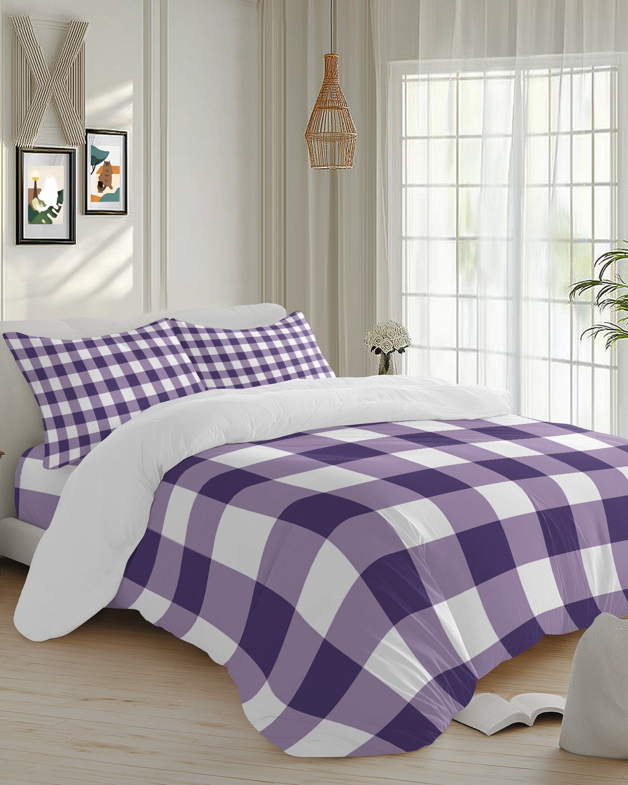 4 Piece Duvet Cover Set Cal king, Purple Buffalo Checker on White Soft ...