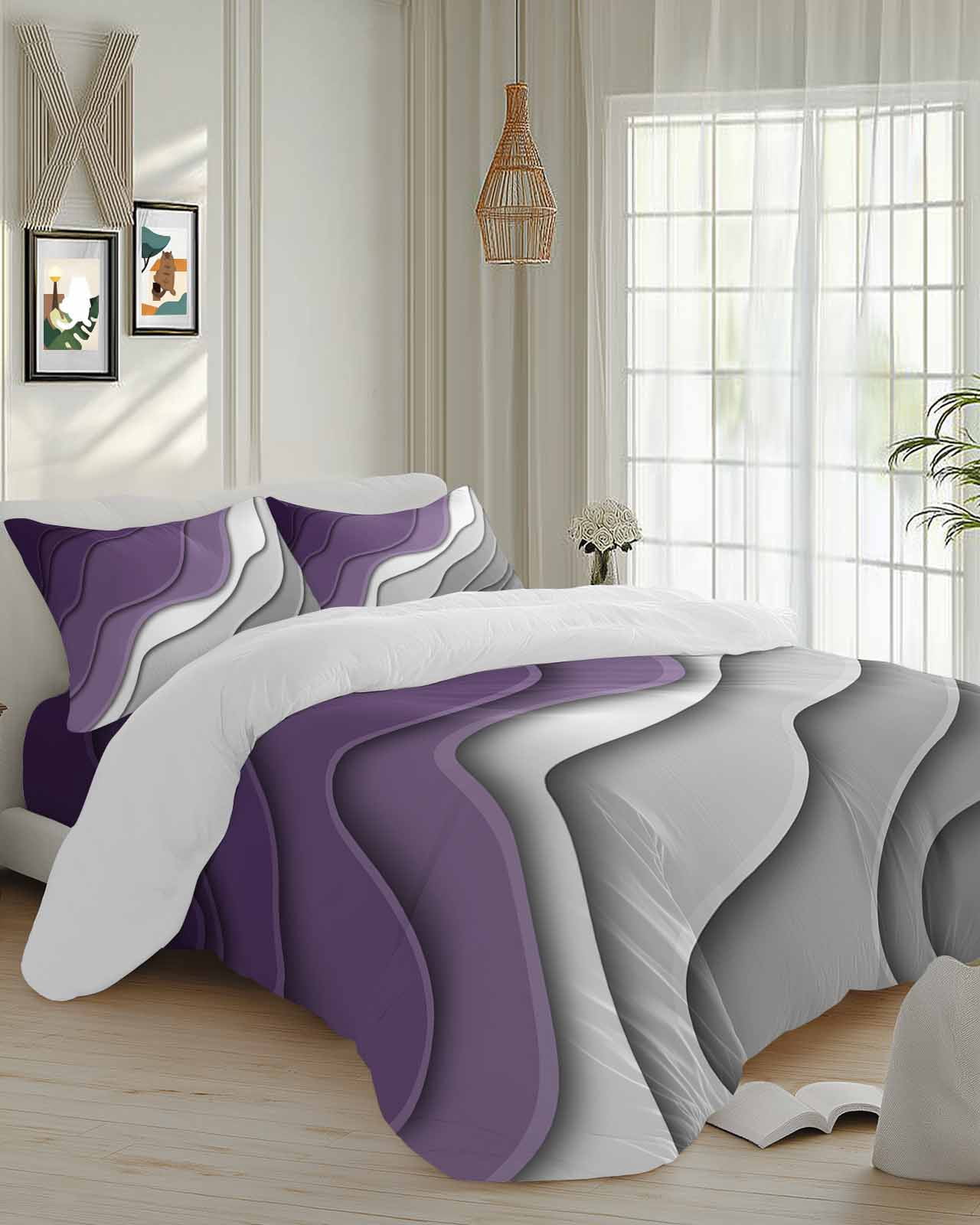 4 Piece Duvet Cover Set Cal king, Purple Grey White Wave Stripes Soft ...