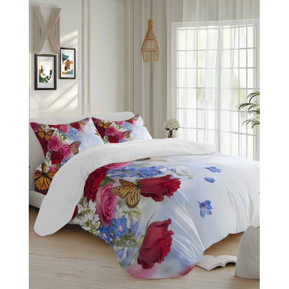 4 Piece Duvet Cover Set Cal king, Red Pink Roses Butterflies on Blue ...