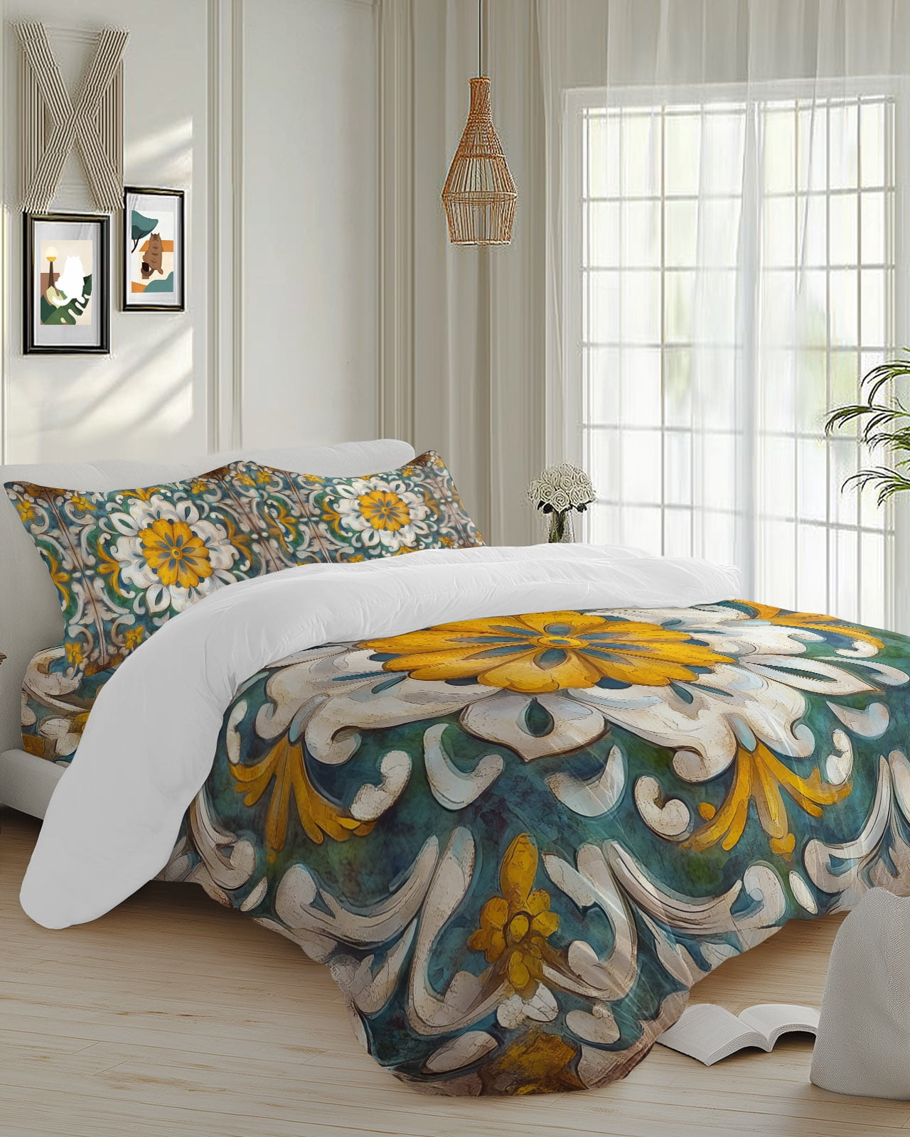 4 Piece Duvet Cover Set Cal king, Retro Boho Blossom Flower Soft ...