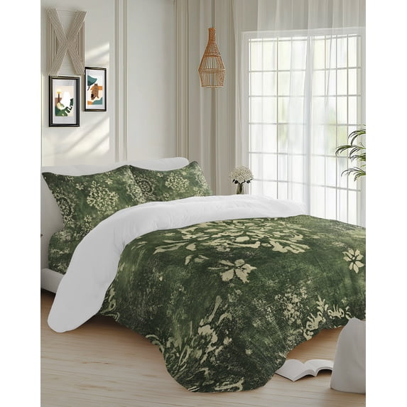 4 Piece Duvet Cover Set Cal king, Retro Flowers Geometric Art Green ...